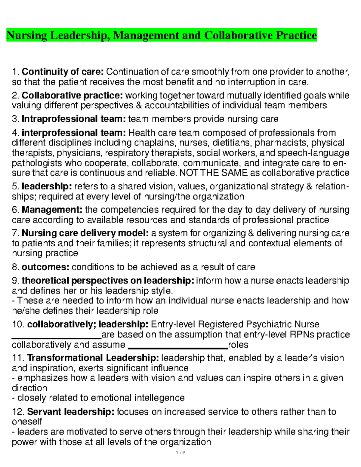 Nursing Leadership, Management and Collaborative Practice ...