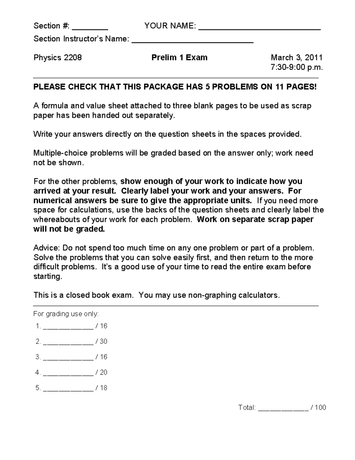 Test Prelim 1 - Section #: ________ YOUR NAME ...