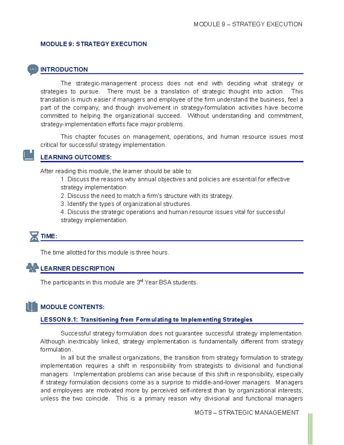 Lecture 9: Strategy Execution - MODULE 9: STRATEGY EXECUTION ...