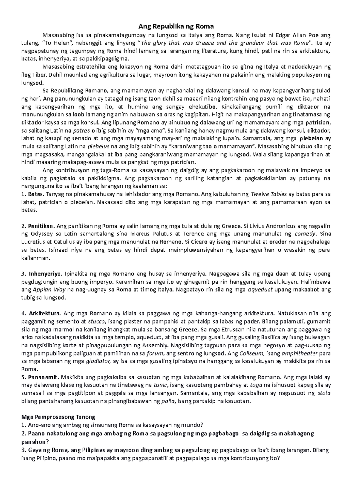 Activity Arpan - Ang Republika ng Roma Masasabing isa sa ...