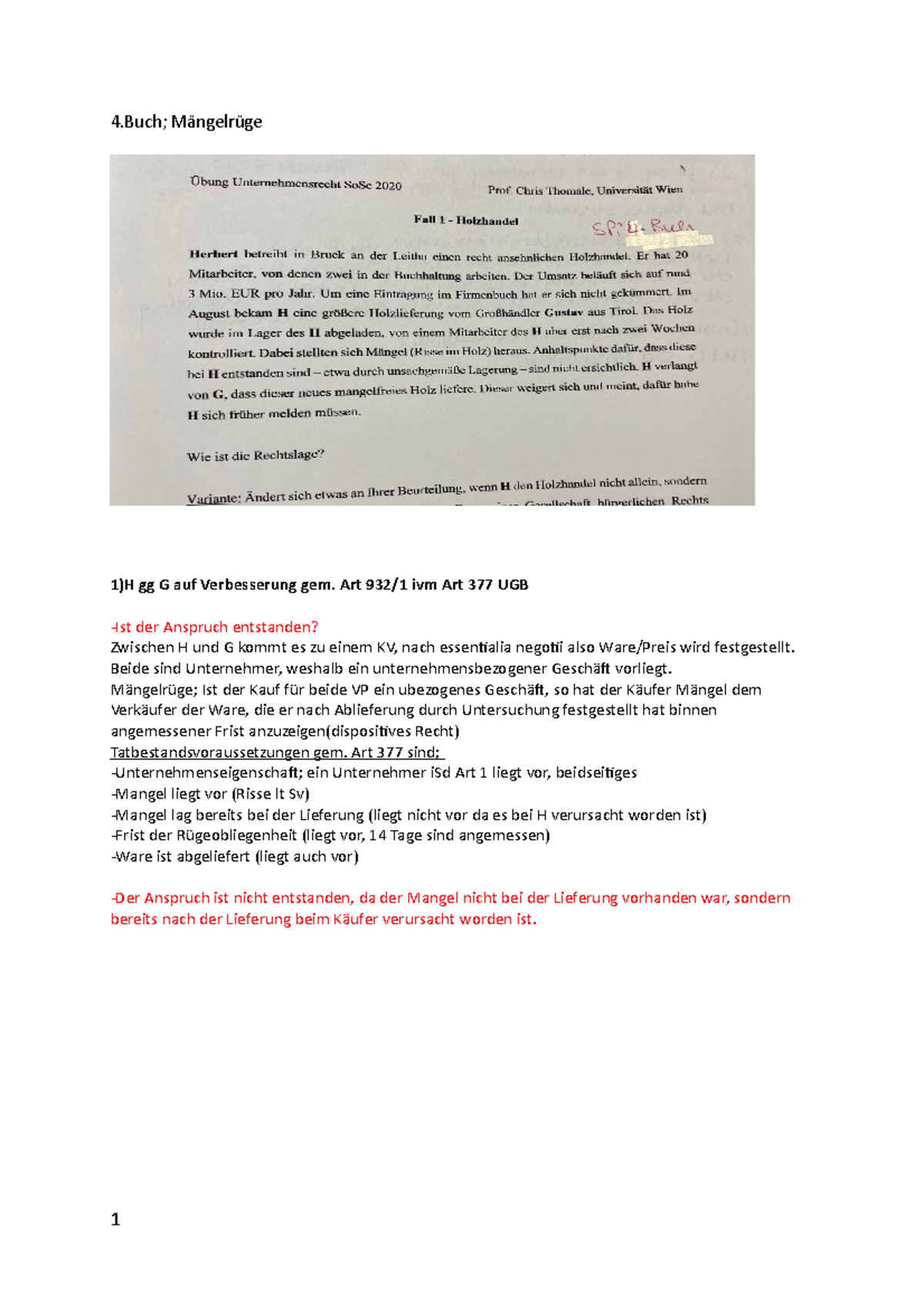 Thomale UR - 4; Mängelrüge 1)H gg G auf Verbesserung gem. Art 932/1 ivm ...