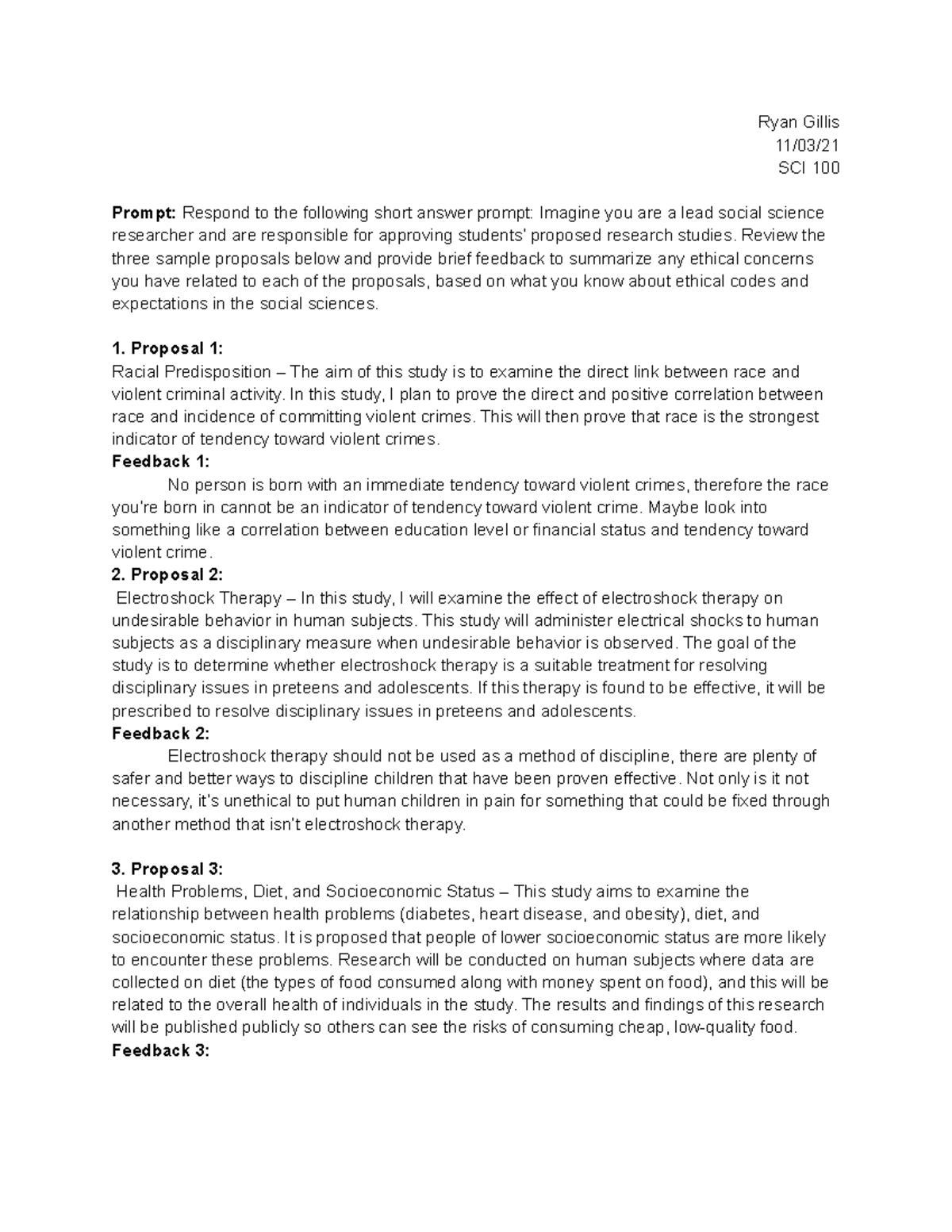 Module 2 short answer - Ryan Gillis 11/03/ SCI 100 Prompt: Respond to ...