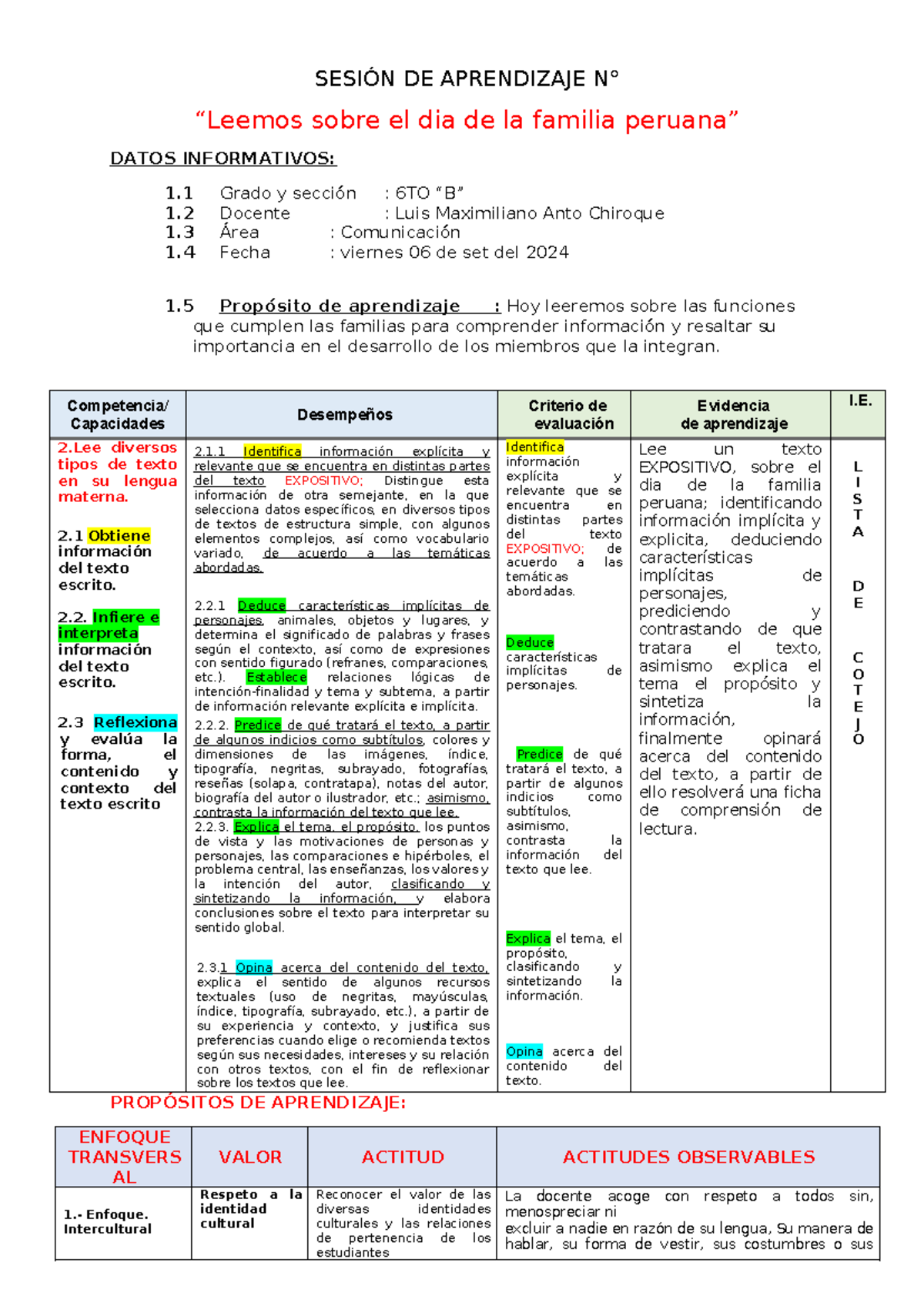 Sesion Leemos Sobre LA Familia Peruana - SESIÓN DE APRENDIZAJE N° “Leemos sobre el dia de la ...