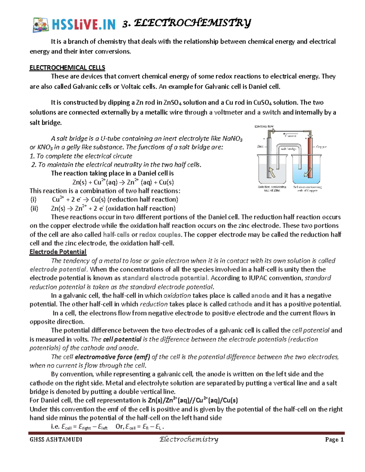 Hsslive-XII-che-3. Electrochemistry - 3. ELECTROCHEMISTRY It is a ...