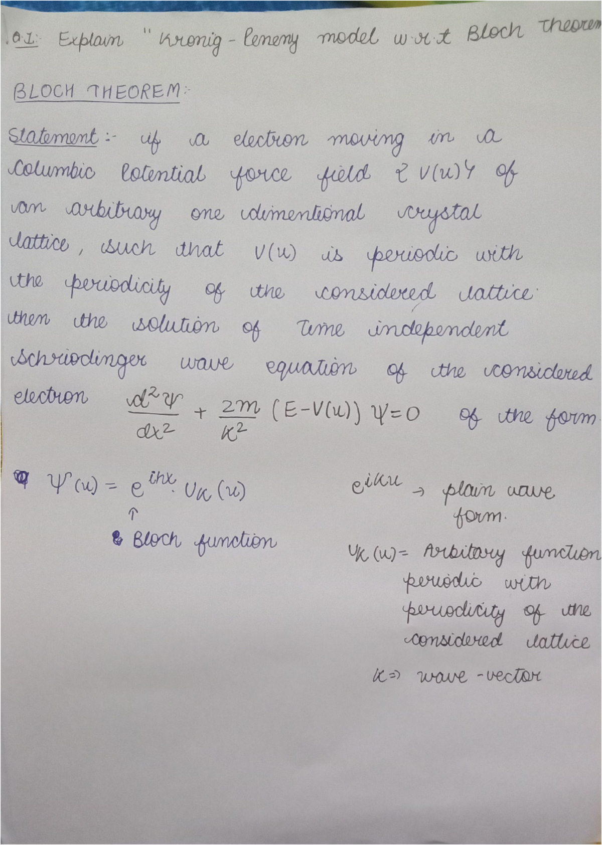 CO-1 bloch theorem - Explain lenemy model w.r Bloch Theoren BLOCH if a ...