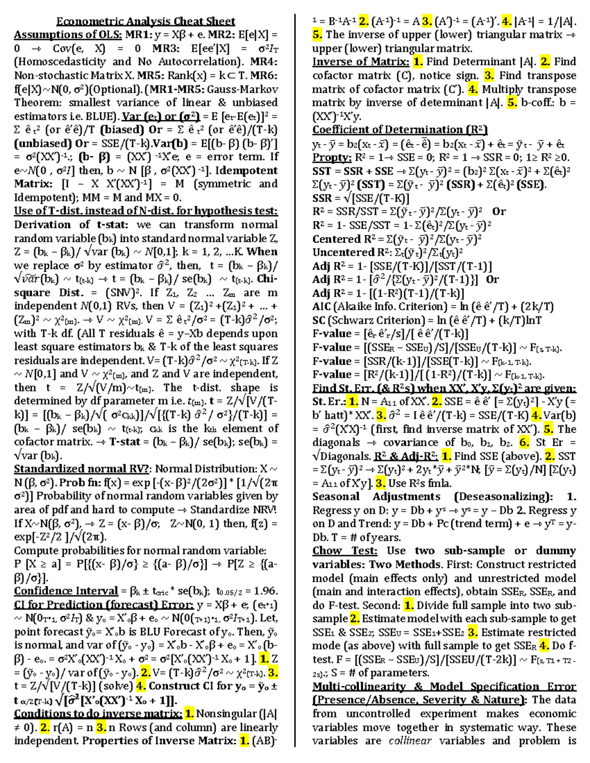 Econometric Cheat Sheet Warning Tt Undefined Function 32 Econometric Analysis Cheat Sheet