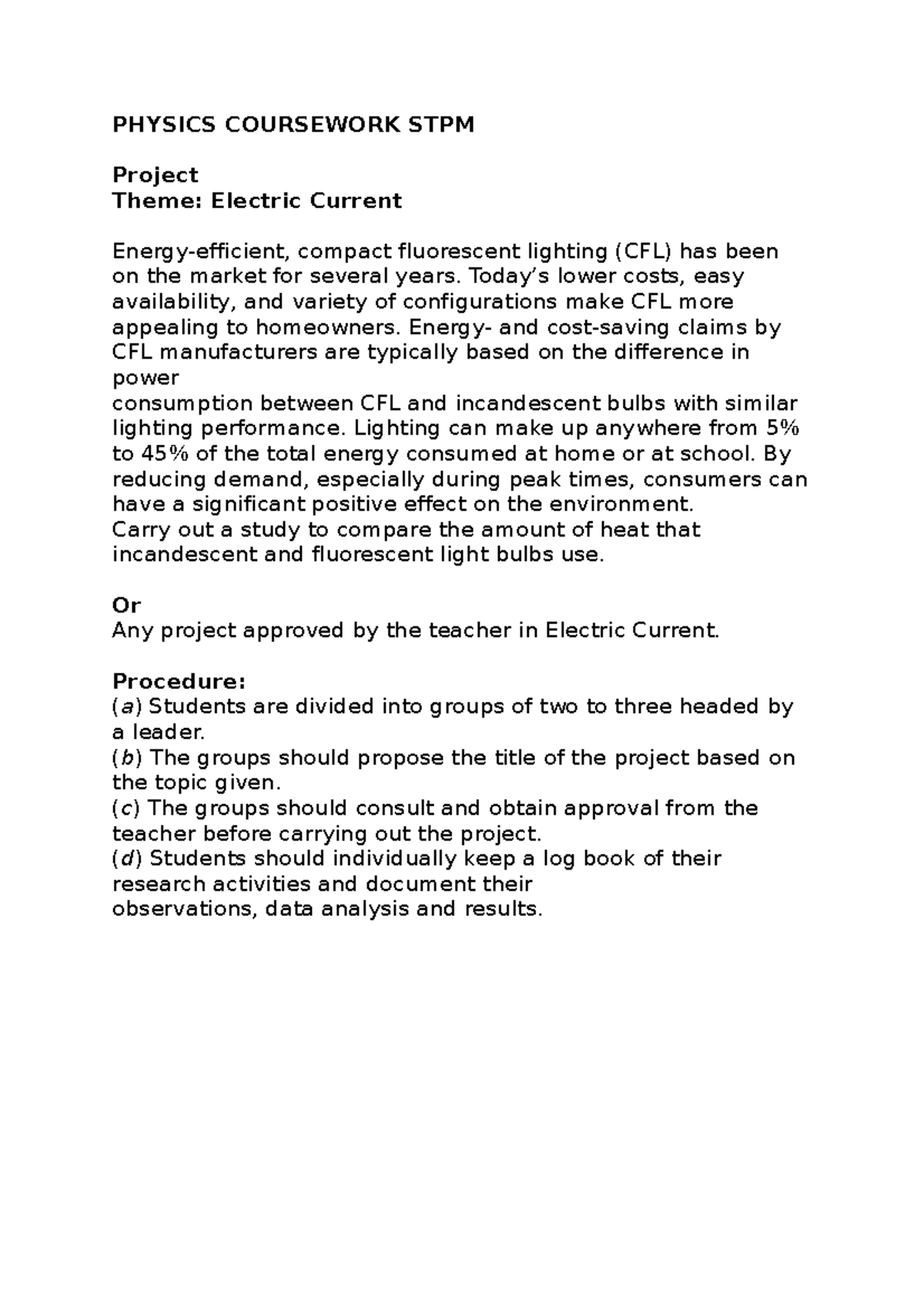 Paper 4 - PHYSICS COURSEWORK STPM Project Theme: Electric Current ...