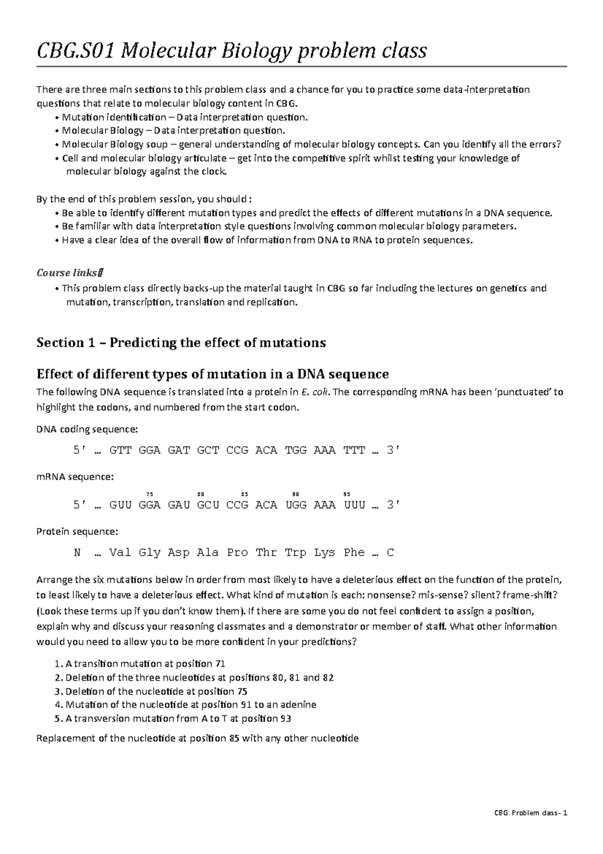 Problems on Molecular biology - CBG Molecular Biology problem class ...