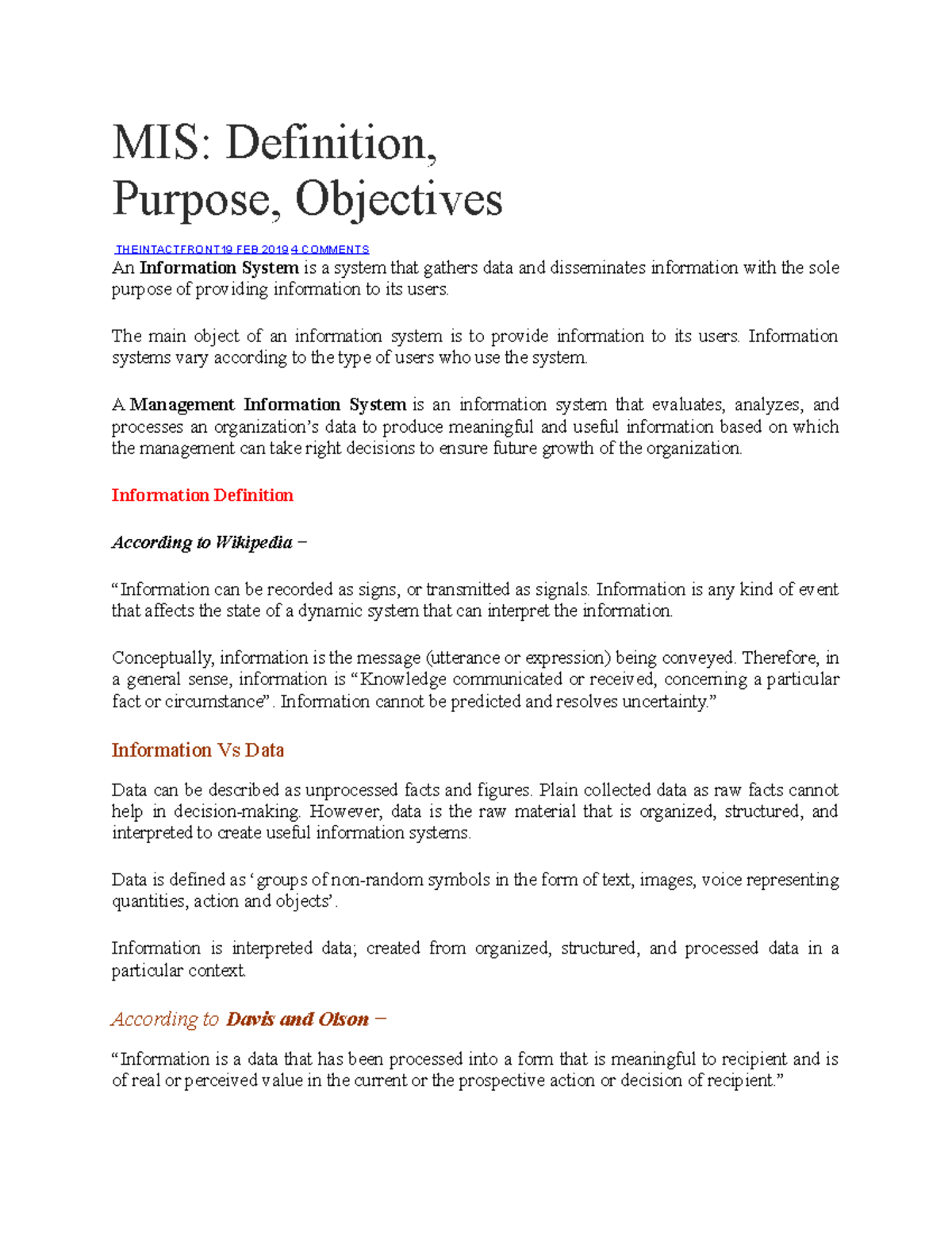 MIS - MIS NOTES - MIS: Definition, Purpose, Objectives THEINTACTFRONT19 ...