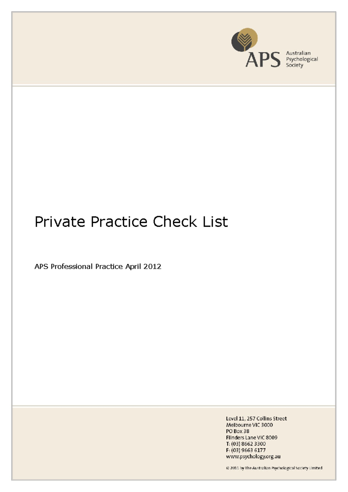 Prof Prac Checklist - Private Practice Check List APS Professional ...