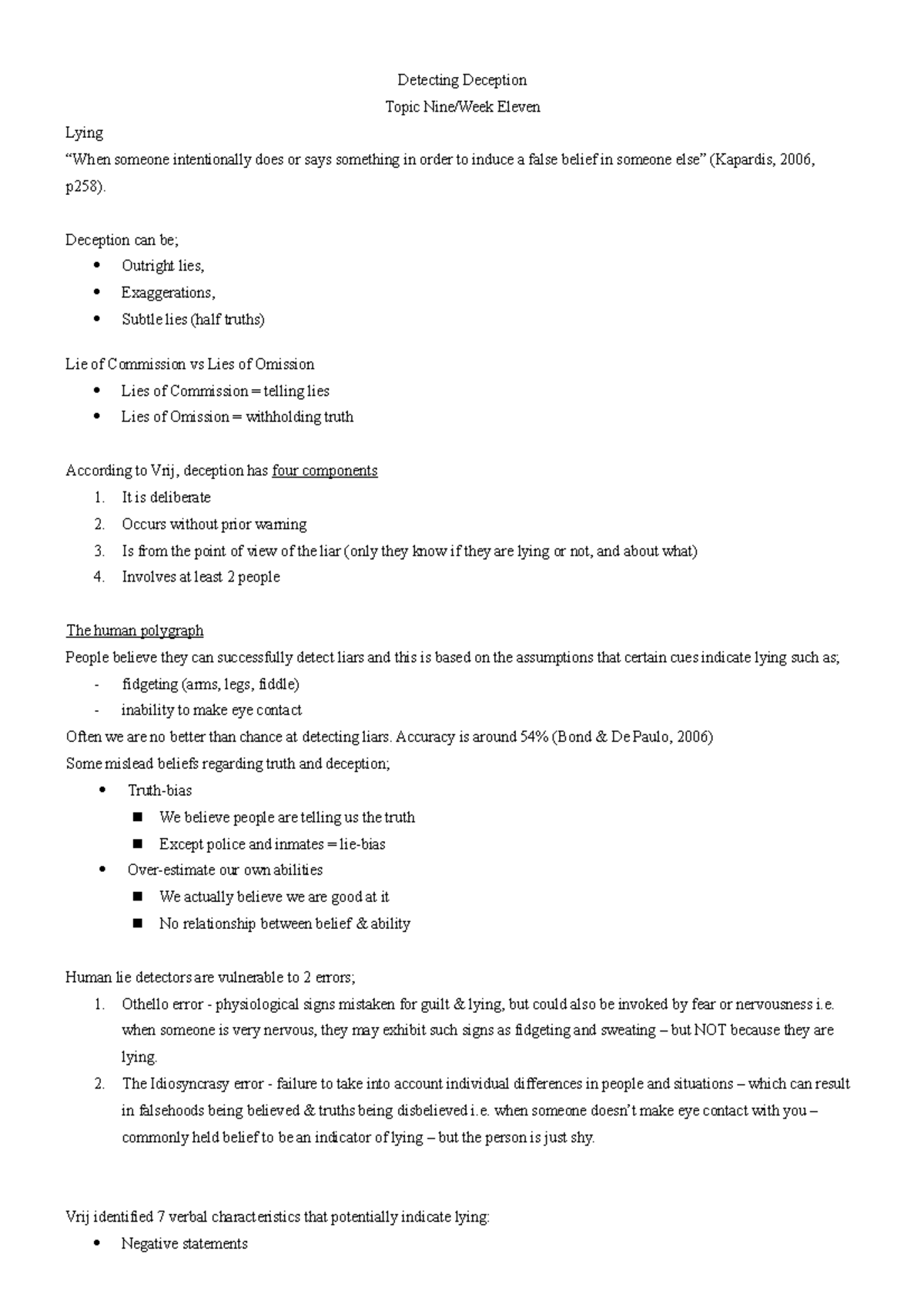 detecting deception lecture summary - Detecting Deception Topic Nine ...