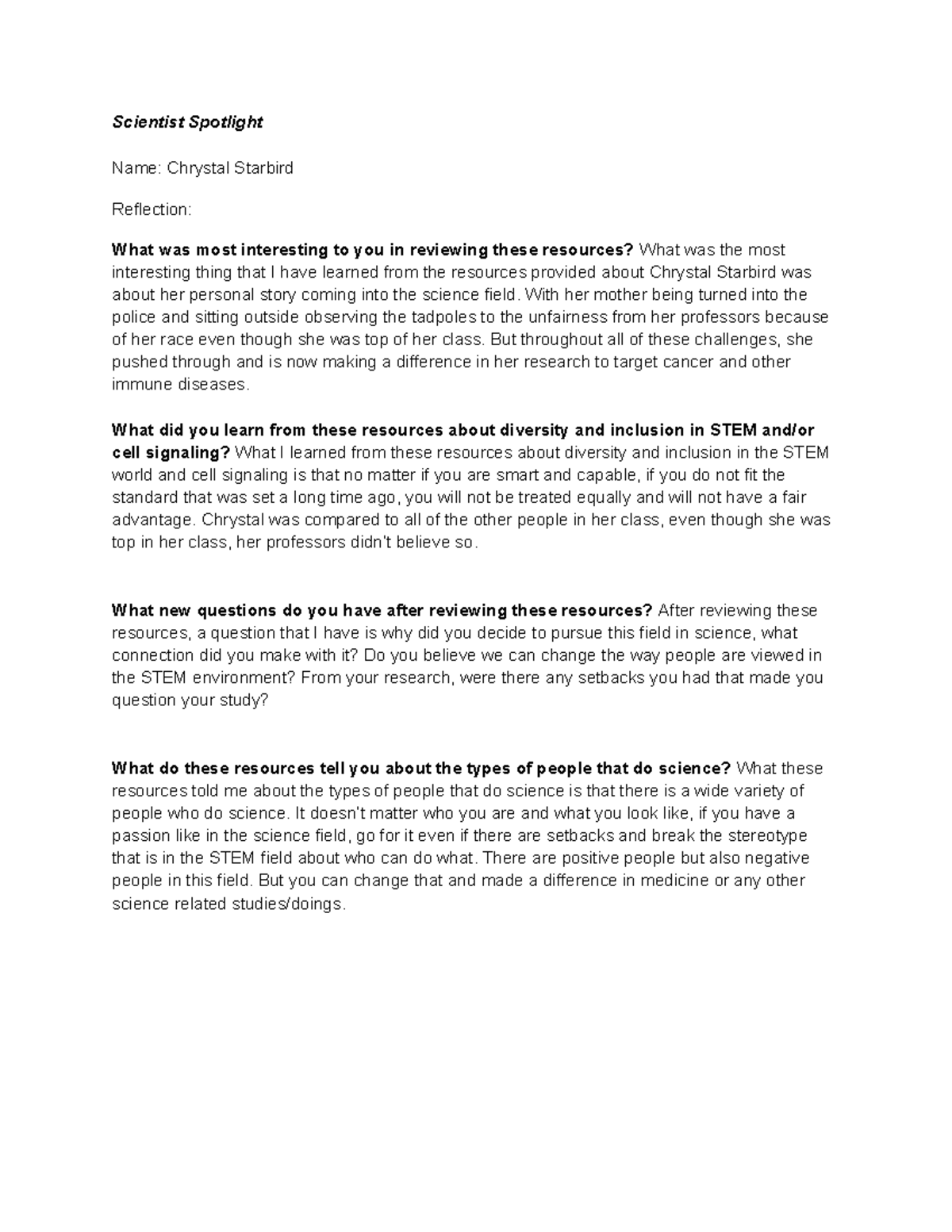 Scientist Spotlight Lab - Scientist Spotlight Name: Chrystal Starbird ...