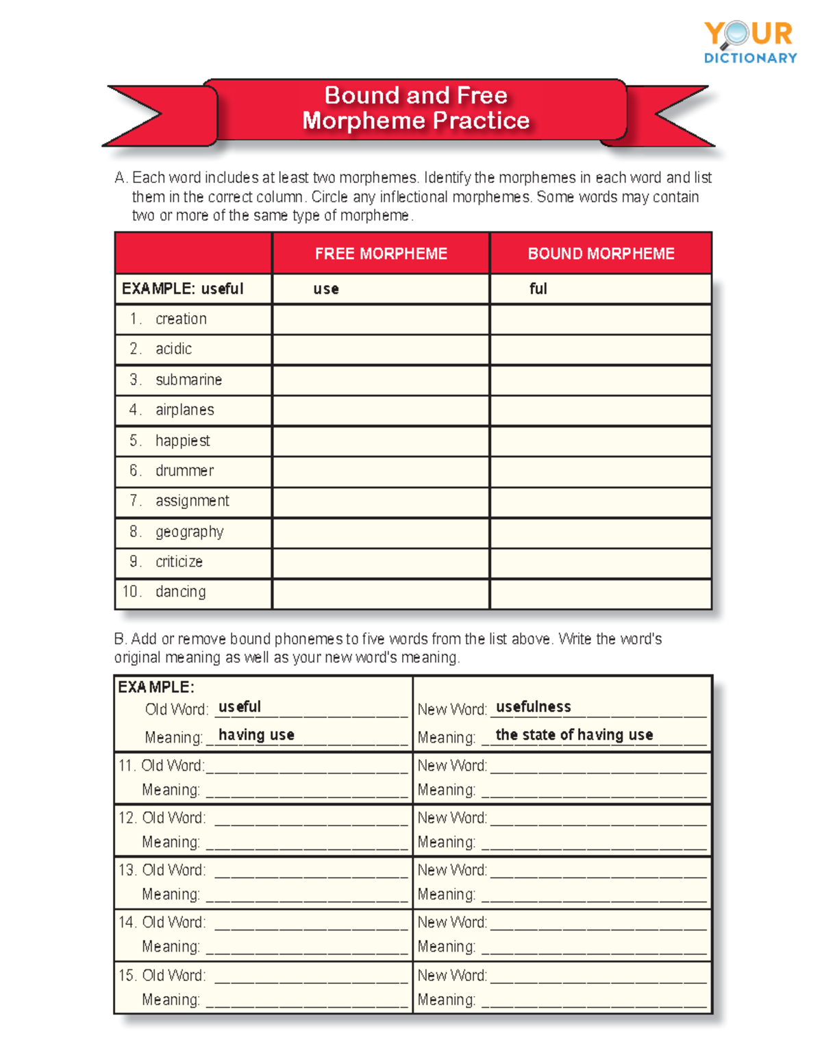 Bound free morpheme practice 2 - Bound and Free Morpheme Practice A ...