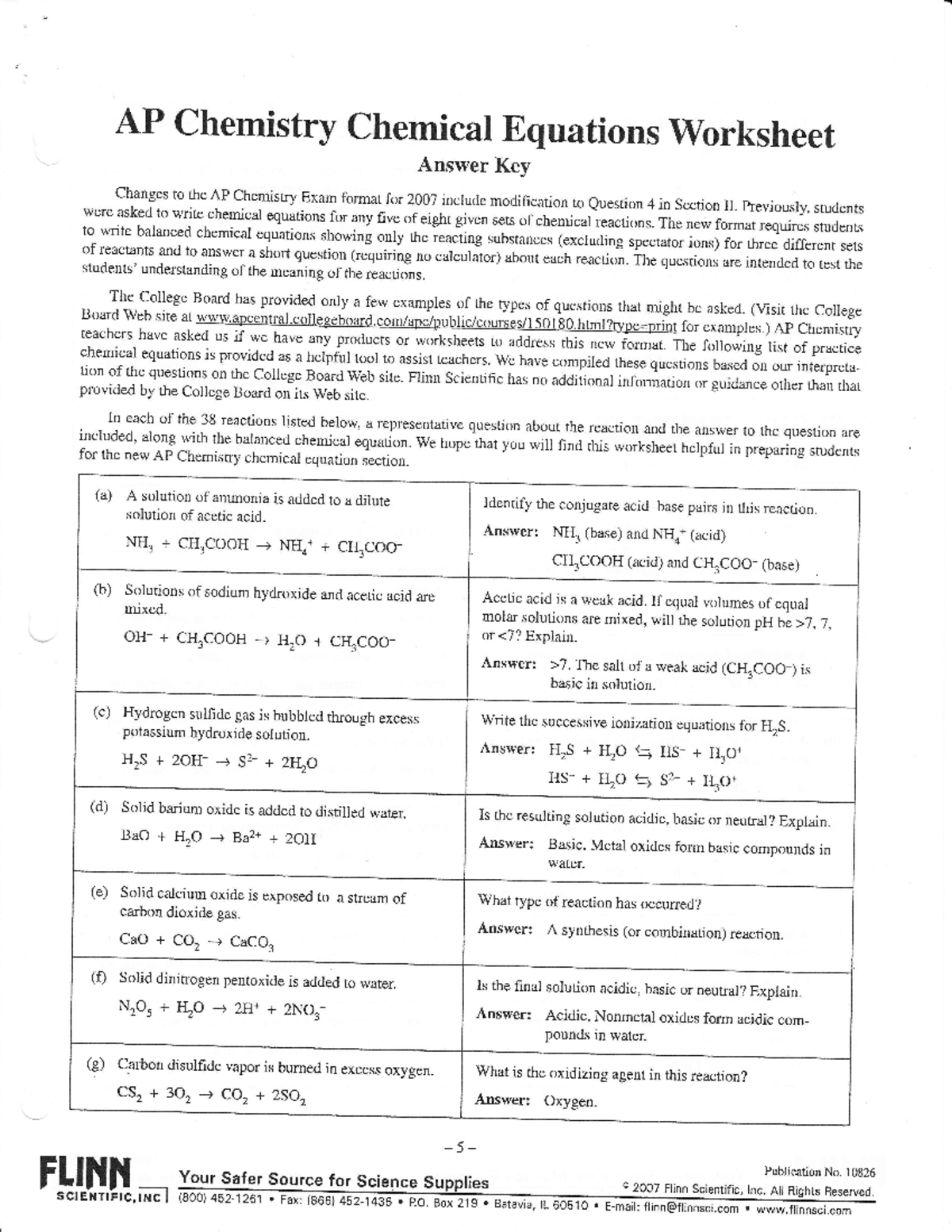 AP Practice Final - AP chemistry chemical Equations worksheet Answer ...