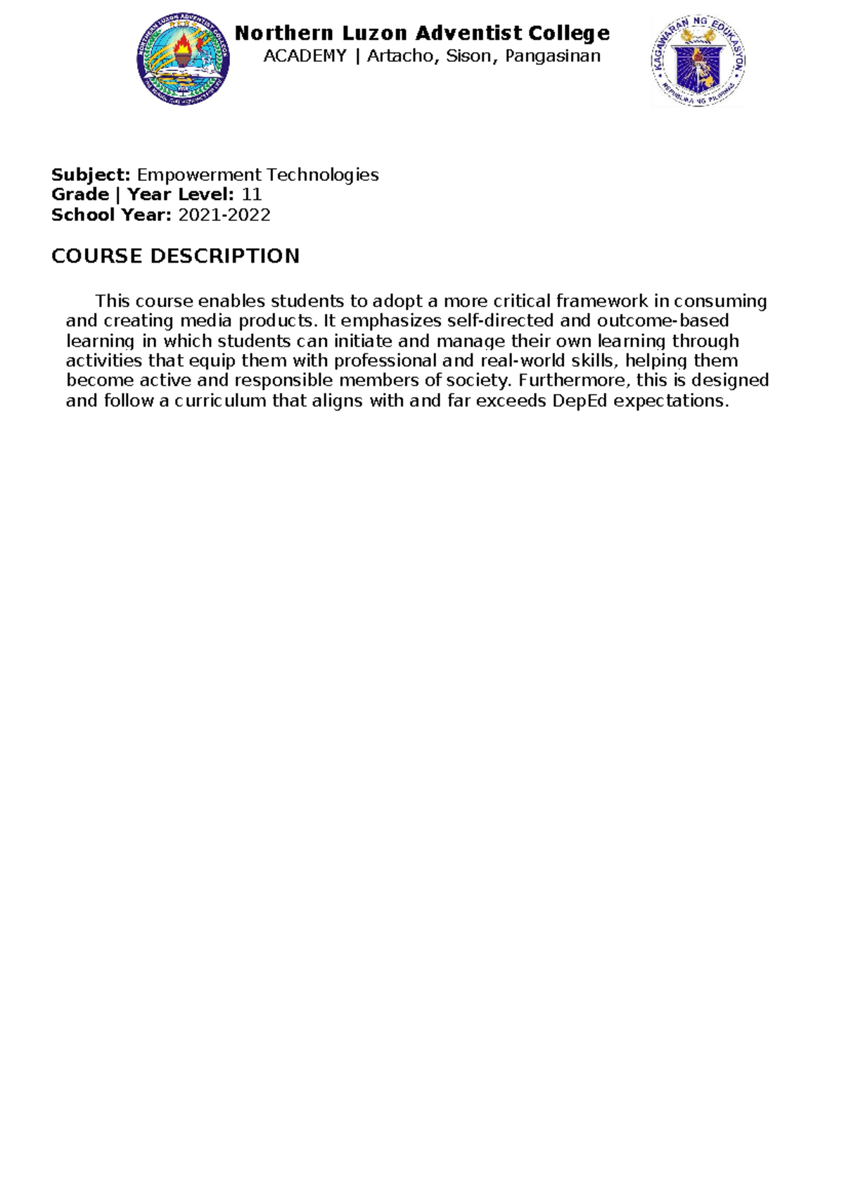 Empotech - Empowerment Technologies - Northern Luzon Adventist College ...