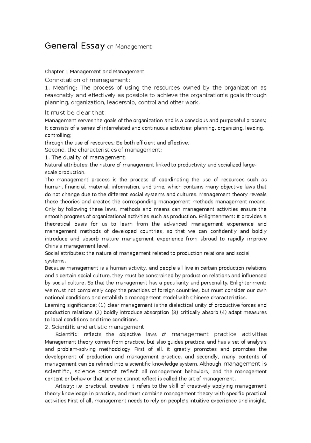 General Essay on Management - General Essay on Management Chapter 1 ...