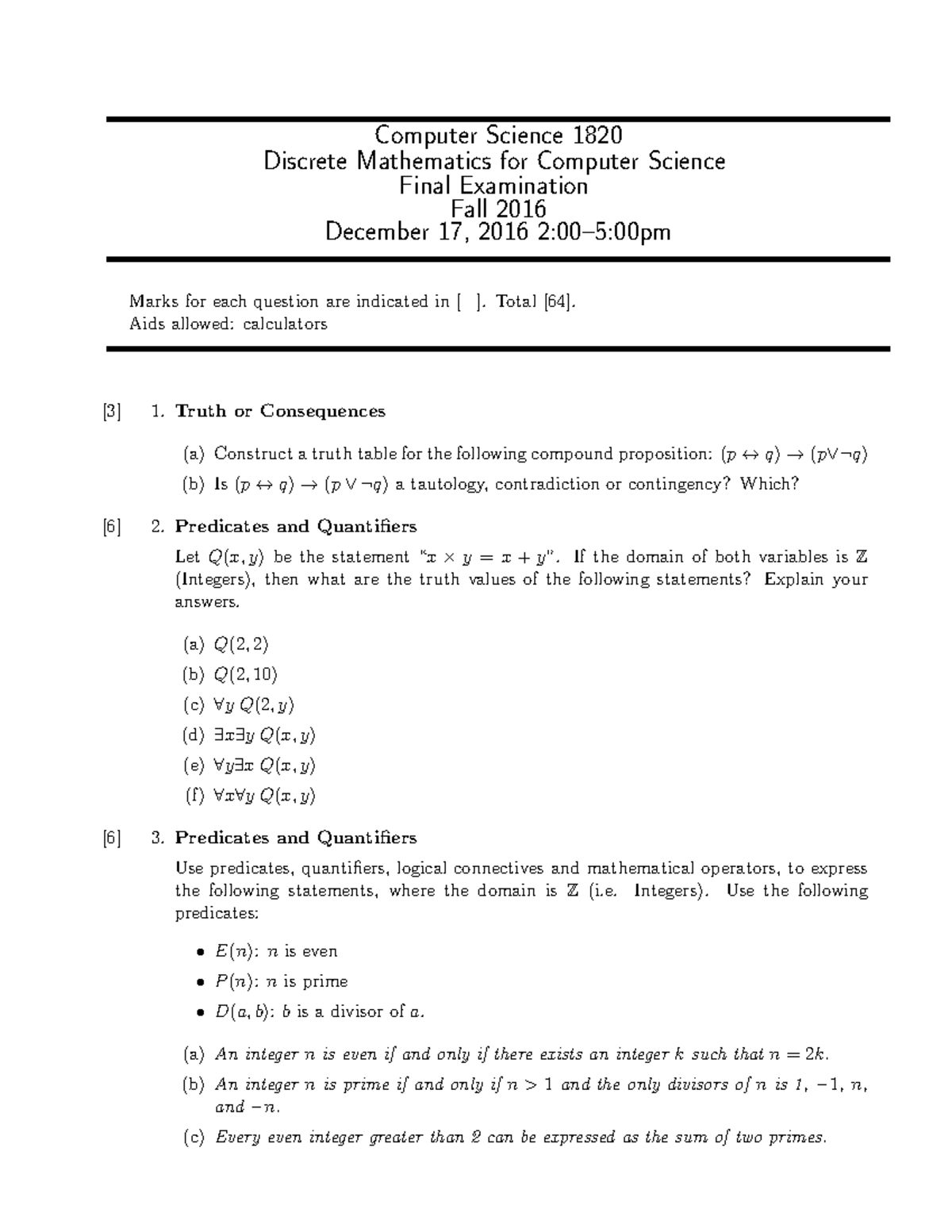 Final Exam practice questions - Computer Science 1820 Discrete ...