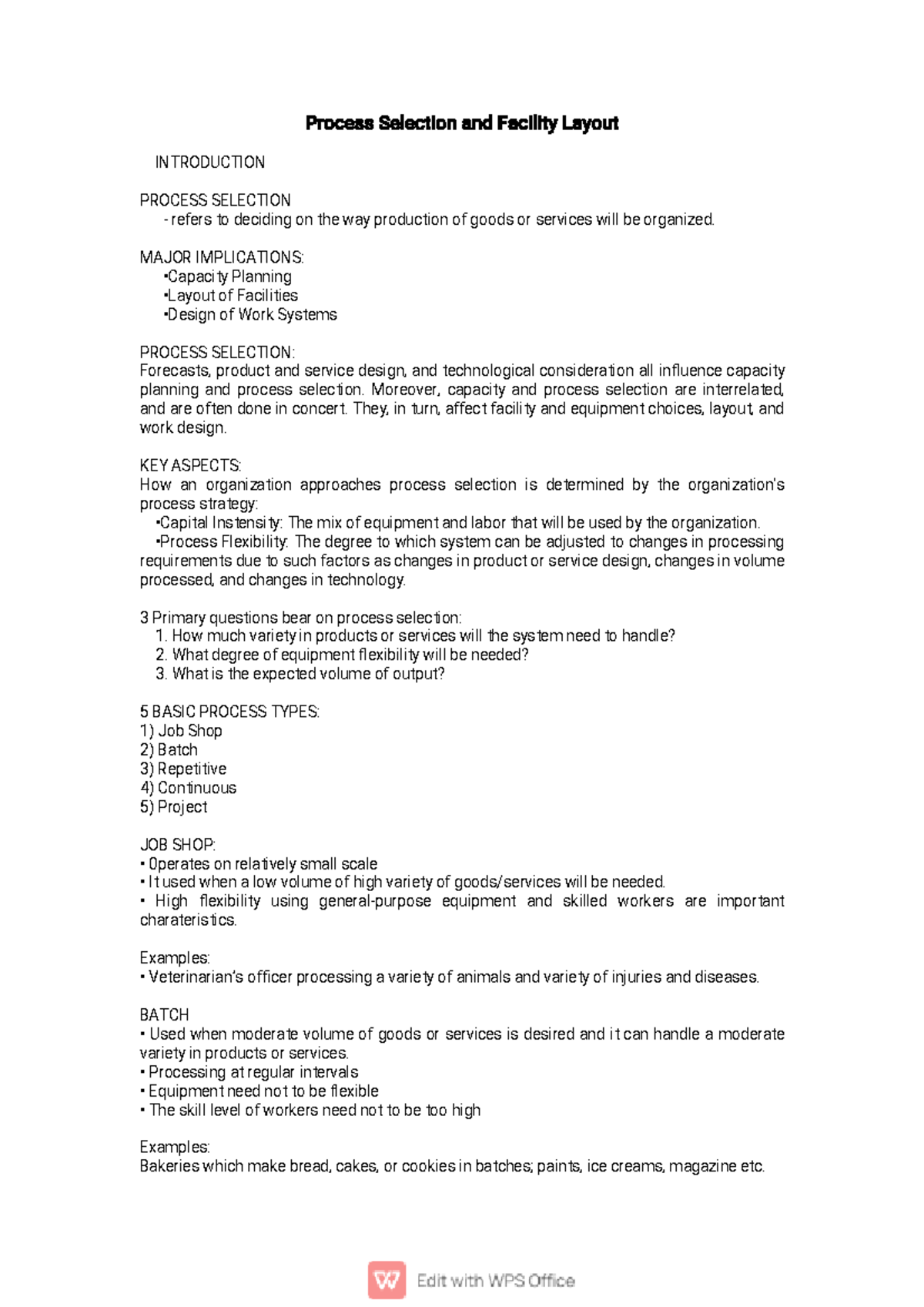Process Selection AND Facility Layout - Process Selection and Facility Layout INTRODUCTION ...