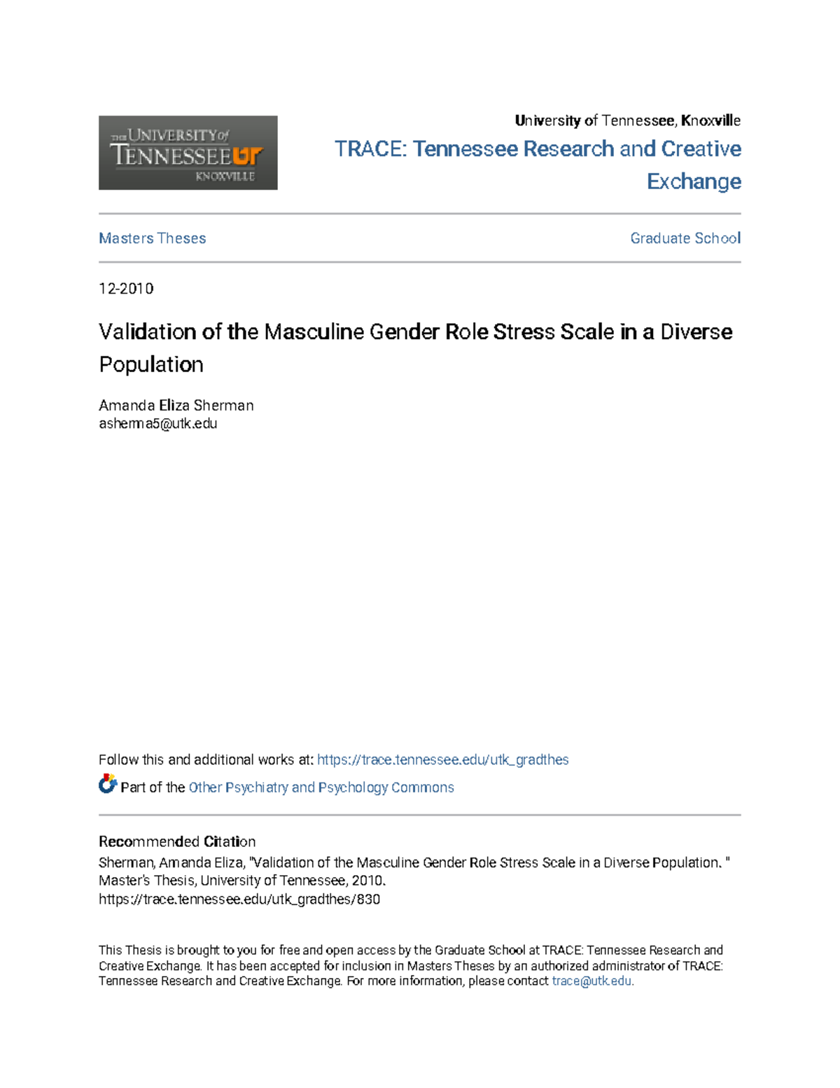 Validation of the Masculine Gender Role Stress Scale in a Diverse - University of Tennessee ...