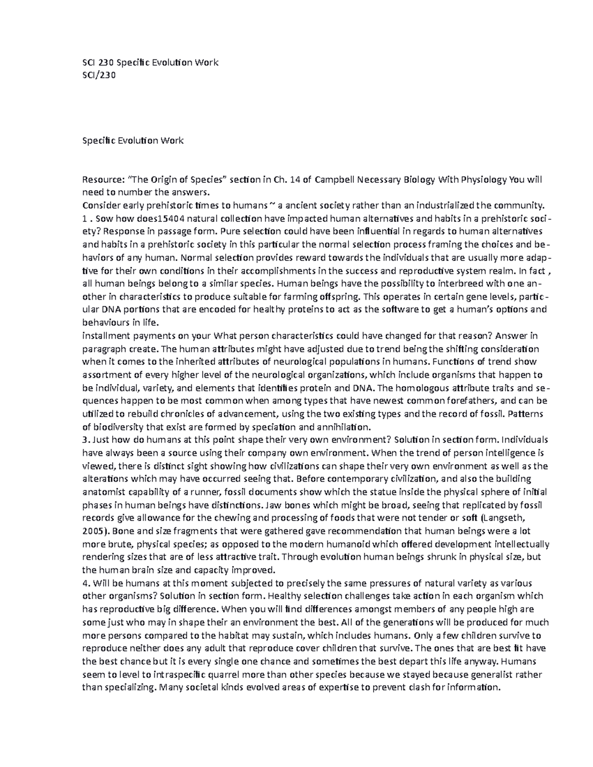 SCI 270 Individual Evolution Assignment 5 - SCI 230 Specific Evolution ...