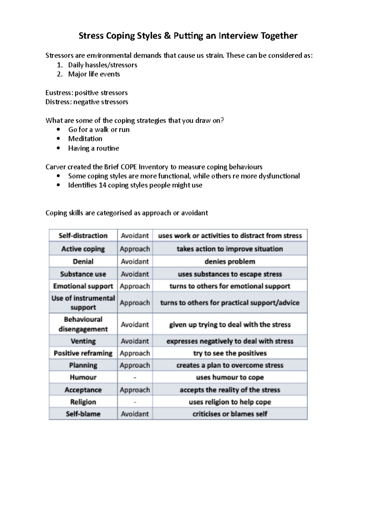 Week 7 - Stress Coping Styles - Stress Coping Styles & Putting an ...