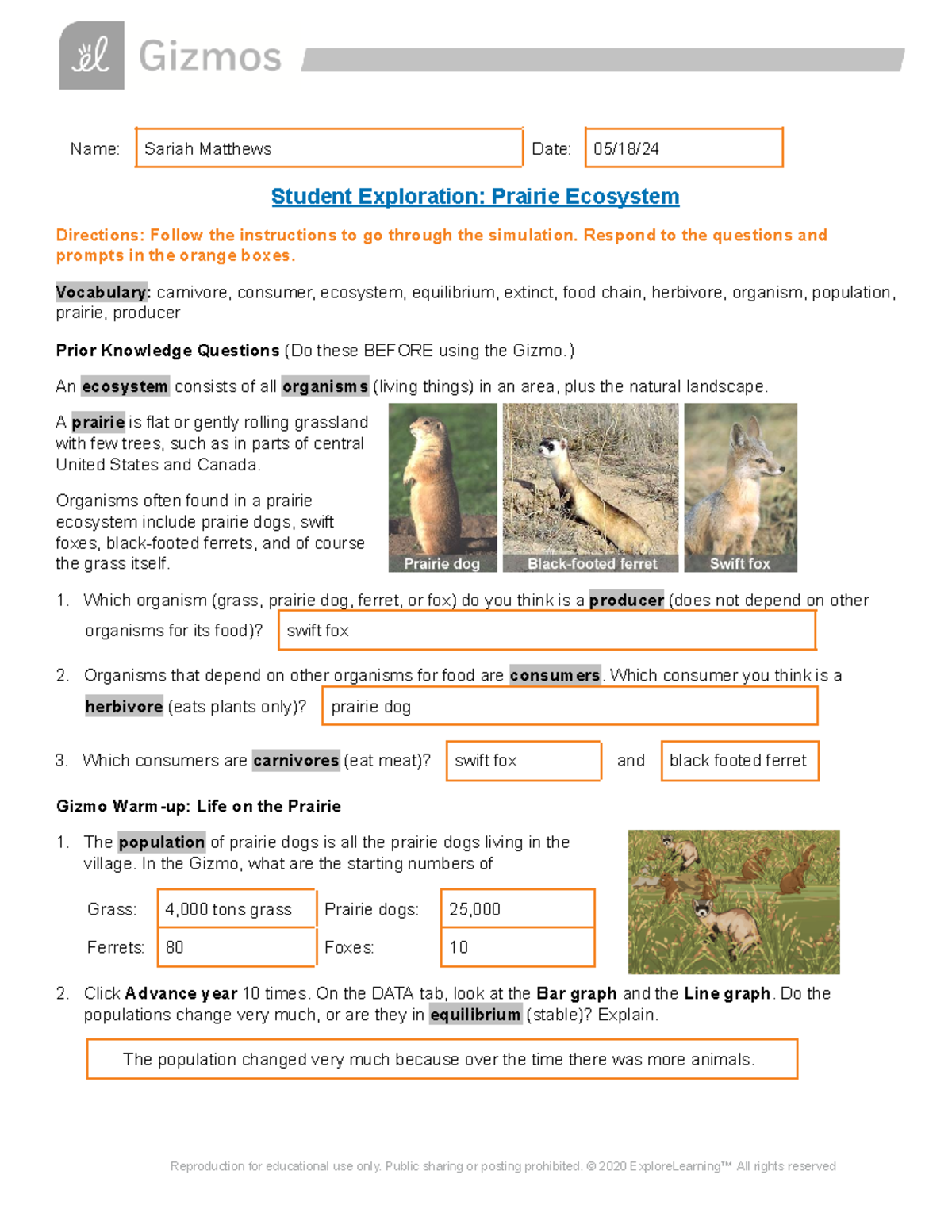 Gizmos Prairie Ecosystem - Name: Sariah Matthews Date: 05/18/ Student ...