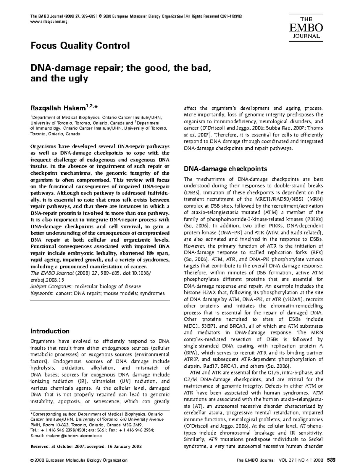 Emboj 2008 15 a - Focus Quality Control DNA-damage repair; the good ...