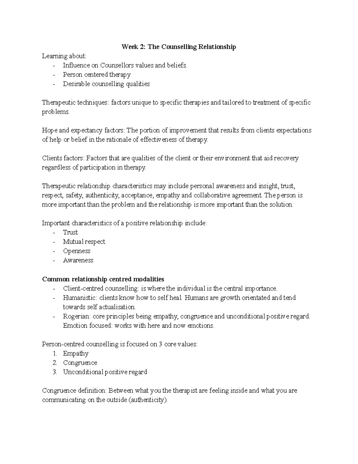 COU180 Week 2 The Counselling Relationship Notes - Week 2: The ...