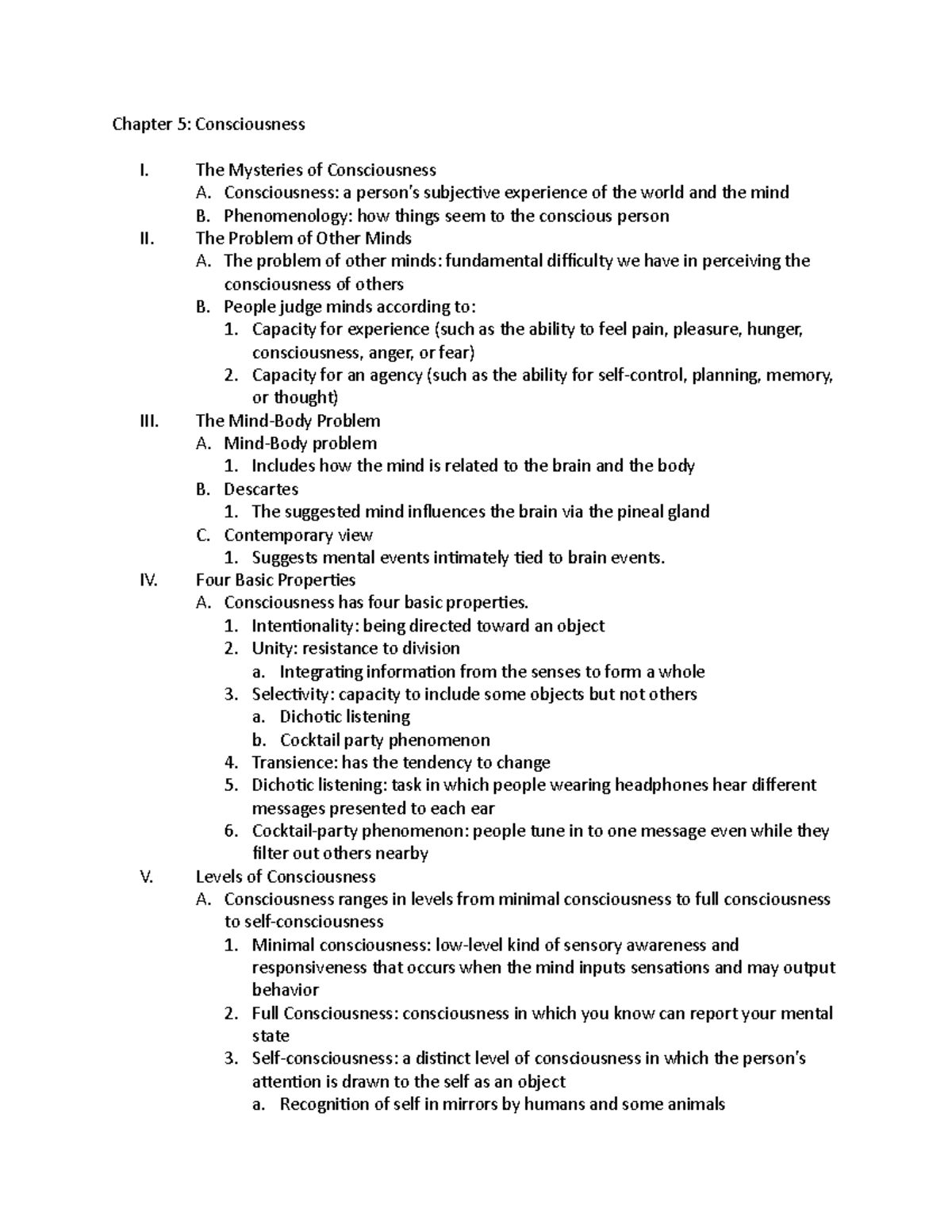 Chapter 5: Consciouness - Chapter 5: Consciousness I. The Mysteries of ...