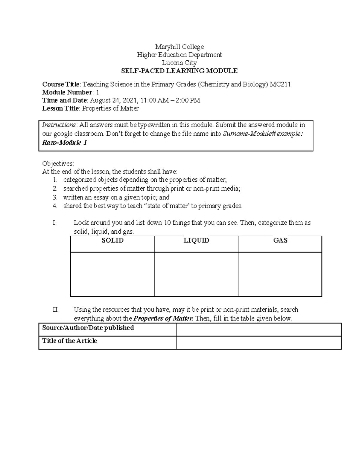 Module 1 - Properties of Matter - Maryhill College Higher Education ...