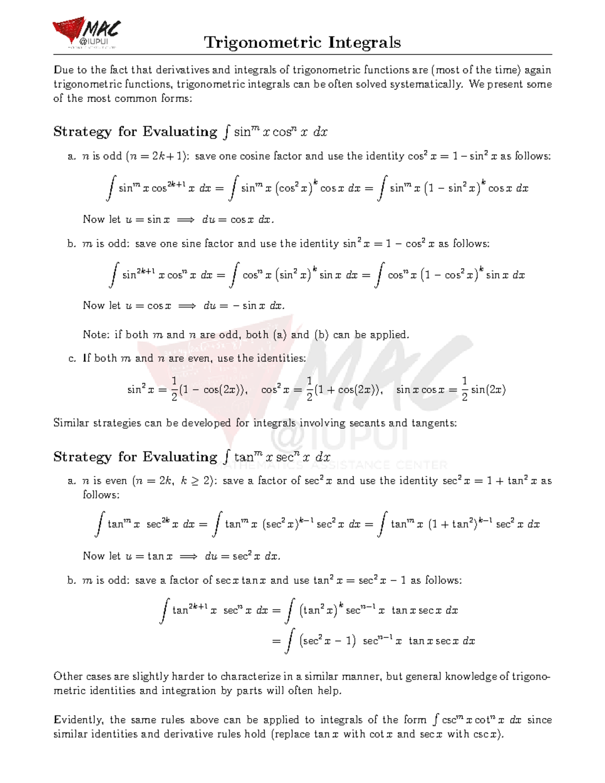 166-222 Trigonometric Integrals - Trigonometric Integrals Due to the ...