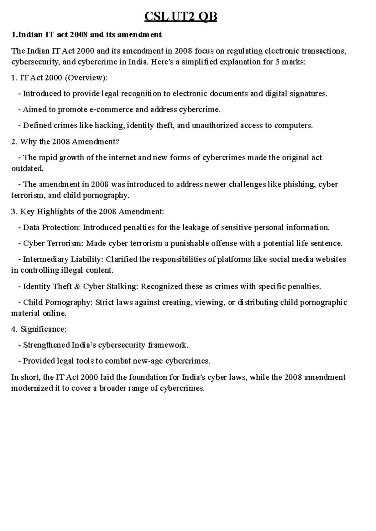 CSL UT2 QB sol - Question bank solution for cyber security and lawd - CSL UT2 QB 1 IT act 2008 ...