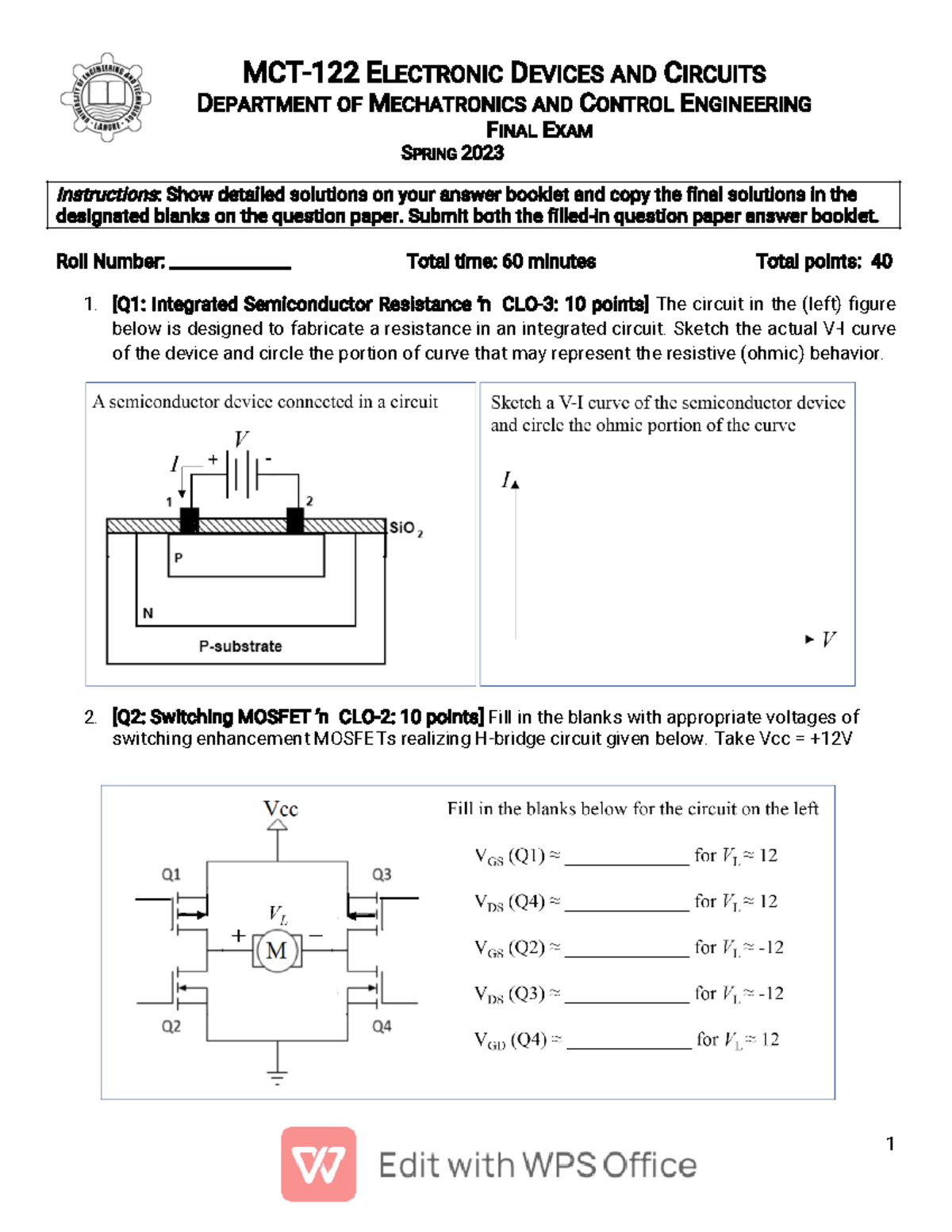 EDF Final Exam - MCT-122 ELECTRONIC DEVICES AND CIRCUITS DEPARTMENT OF MECHATRONICS AND CONTROL ...