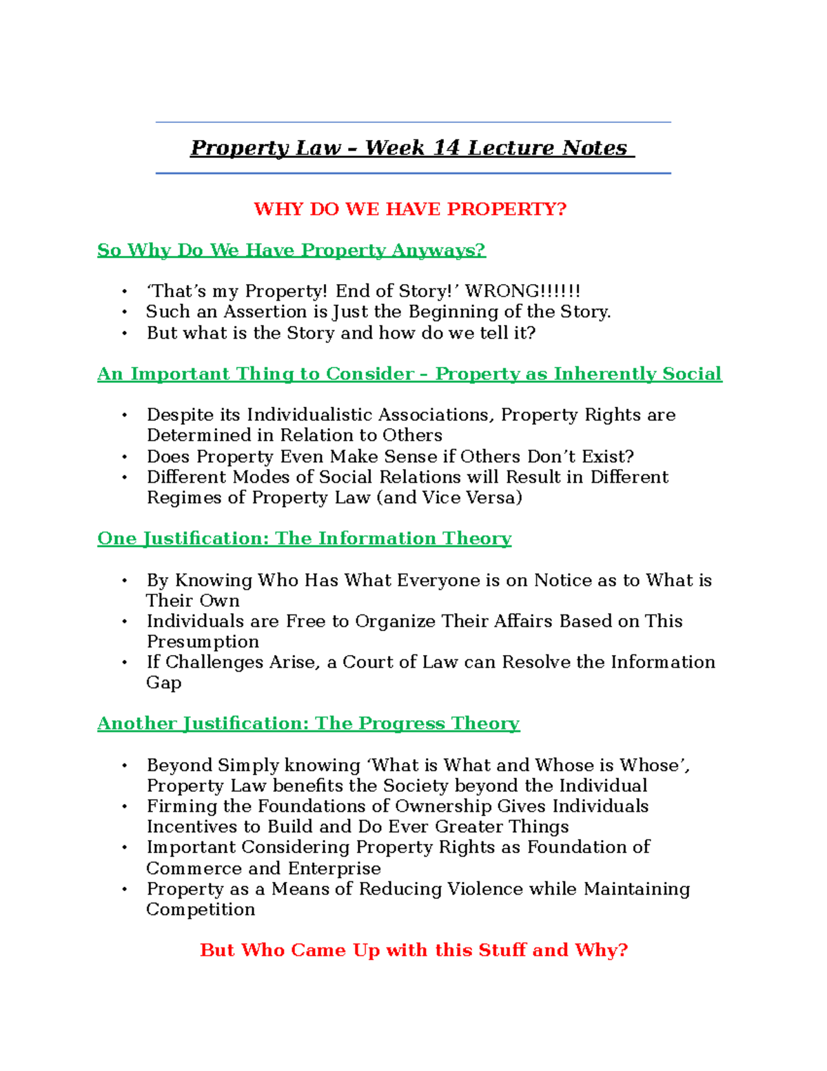Week 14 Lecture Notes Property Law Week 14 Lecture Notes Why Do We Have Property So Why Do