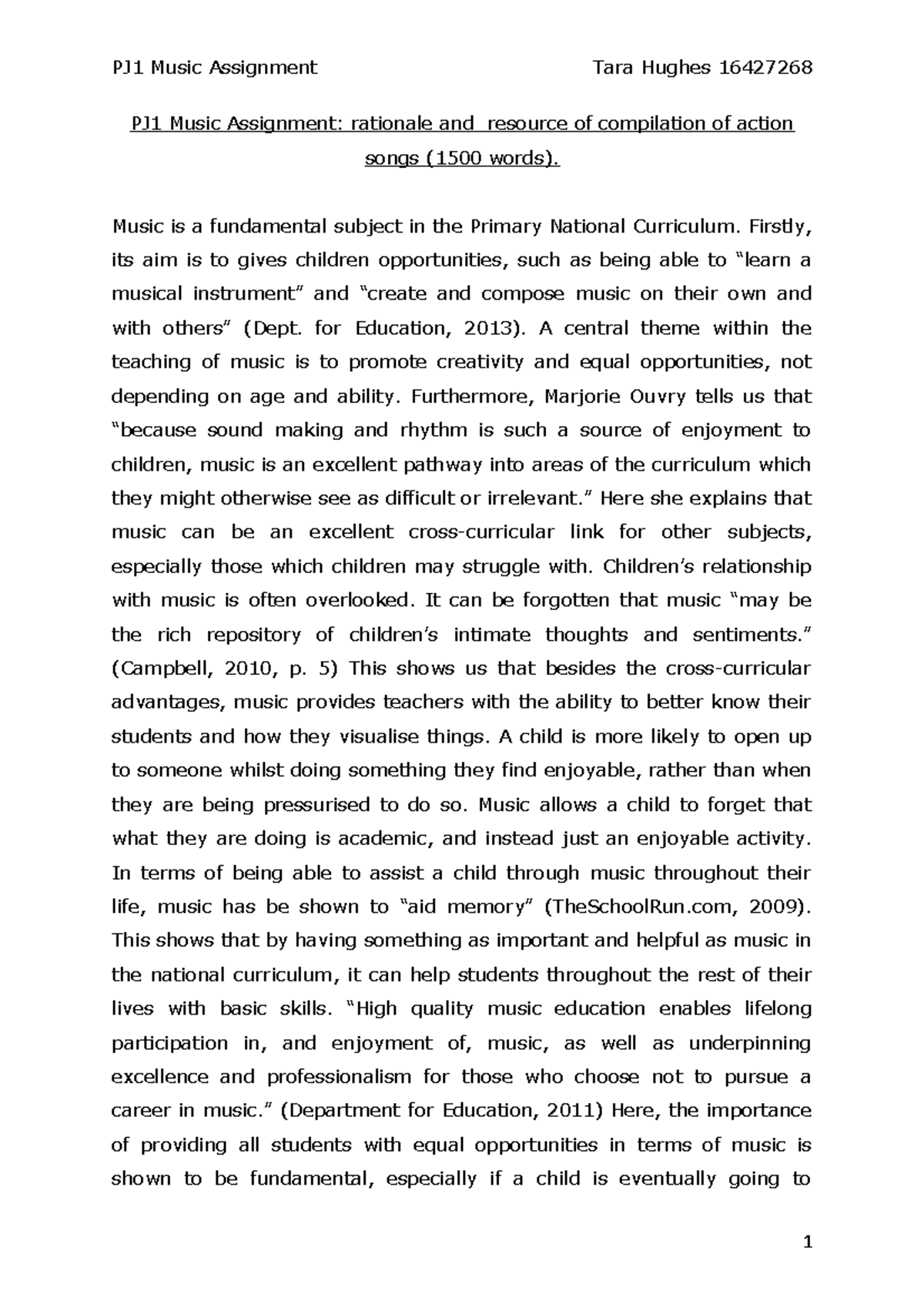 Plan for: Music Assignment: rationale and resource of compilation of ...