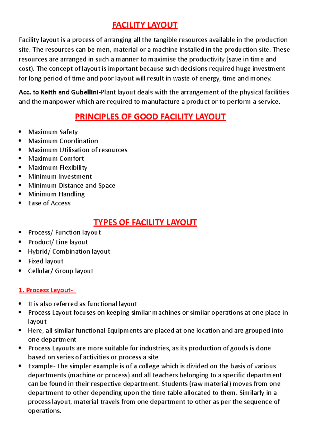 Facility Layout - notes - FACILITY LAYOUT Facility layout is a process ...