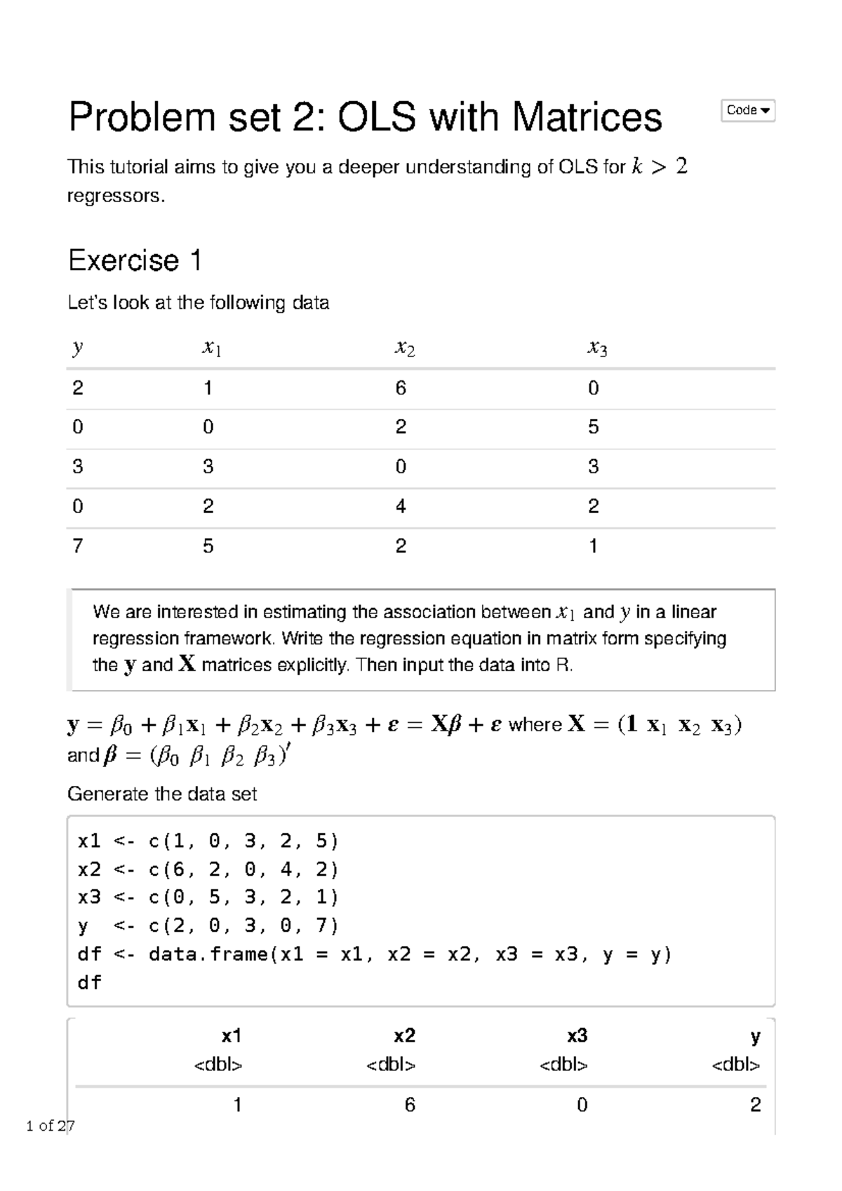 Econometrics 2 - Tutorial 2 Solution - Problem set 2: OLS with Matrices ...