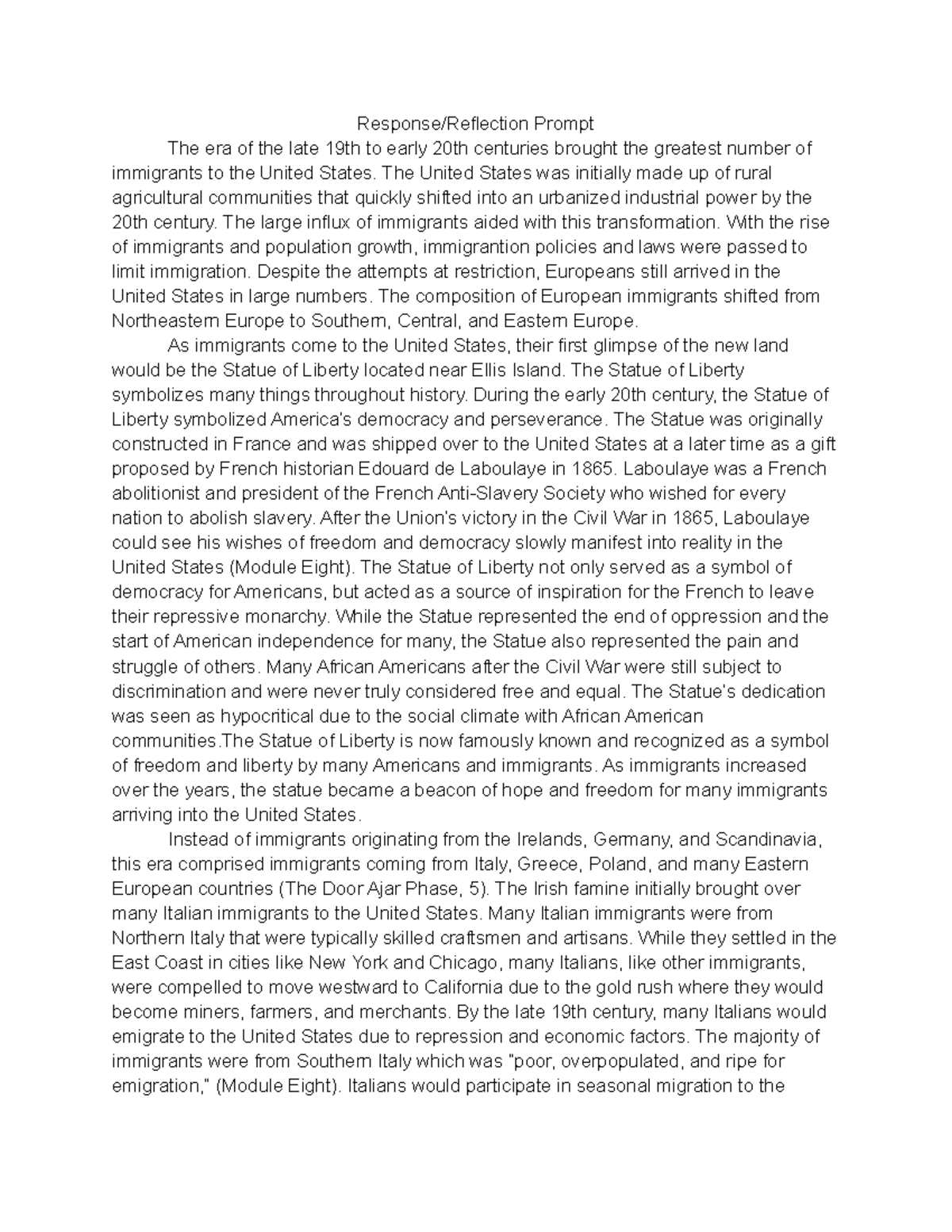 Module Eight - A history of multicultural america - Response/Reflection ...