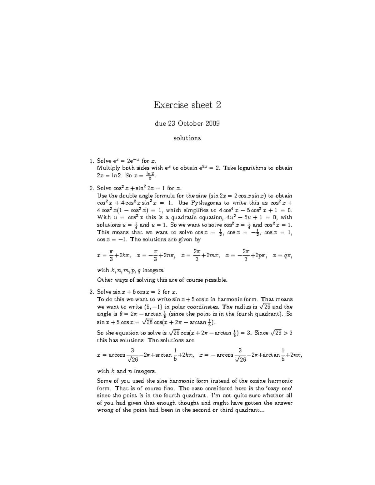 MA10192 2009-2010 Problem Sheet 2 - Solutions - Exercise sheet 2 due 23 ...