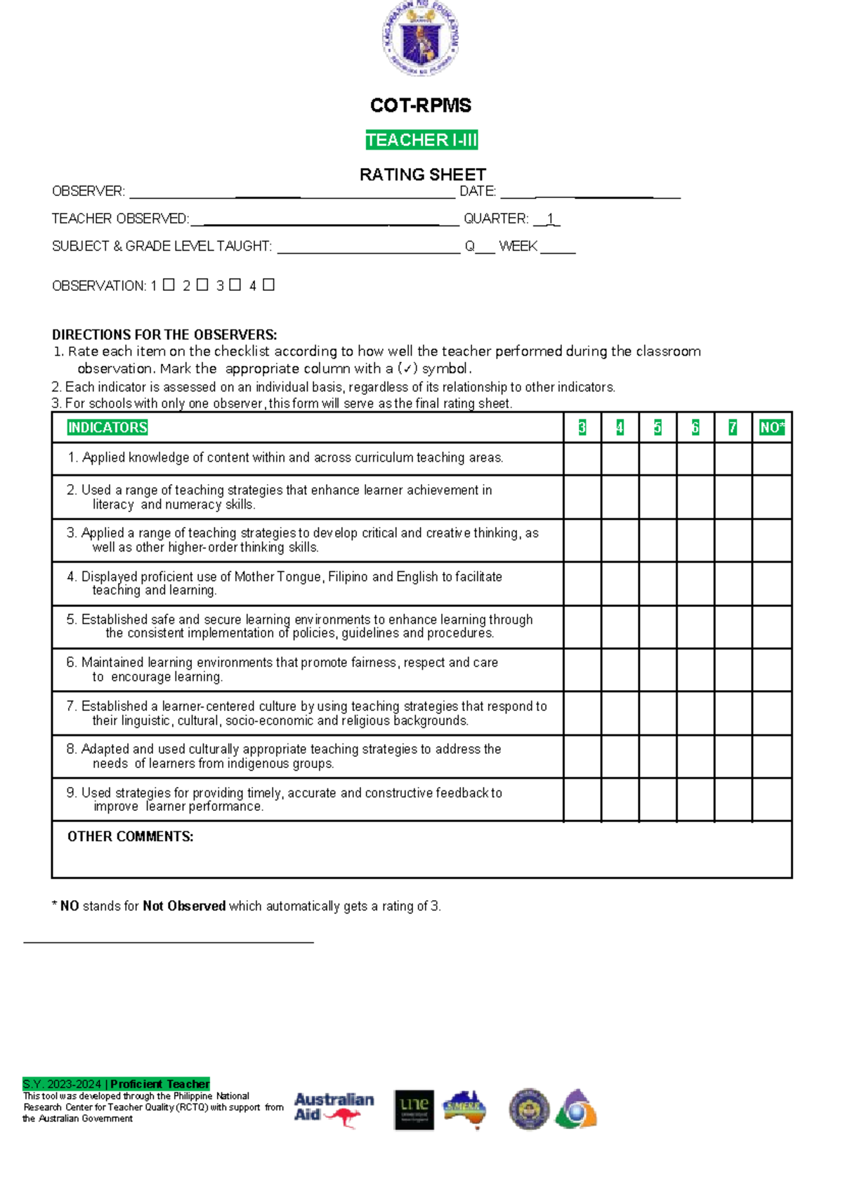 [Appendix C-03] COT-RPMS Rating Sheet for T I-III for SY 2023-2024 ...