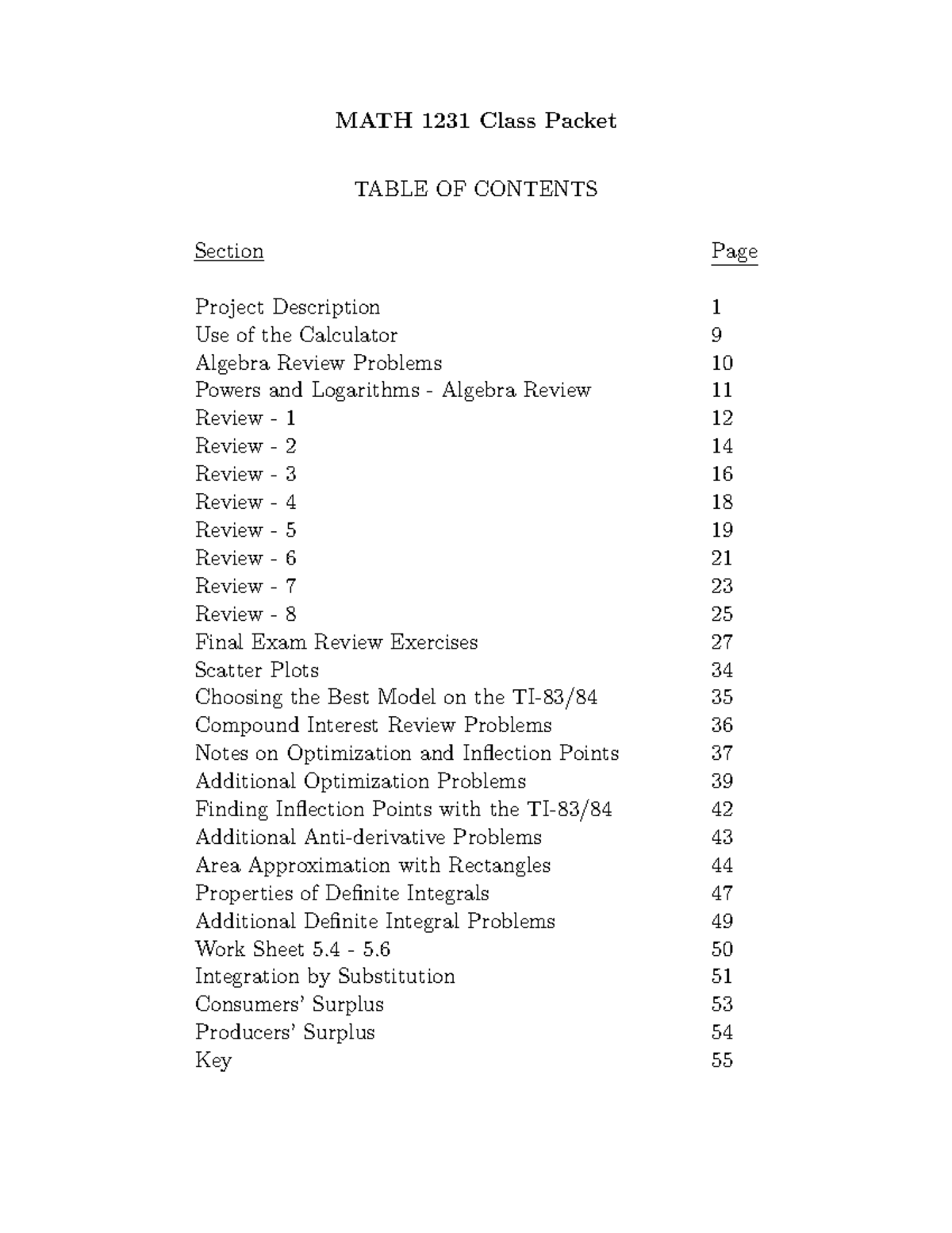 Classpac Fall 2023 - Study guide / review - MATH 1231 Class Packet ...