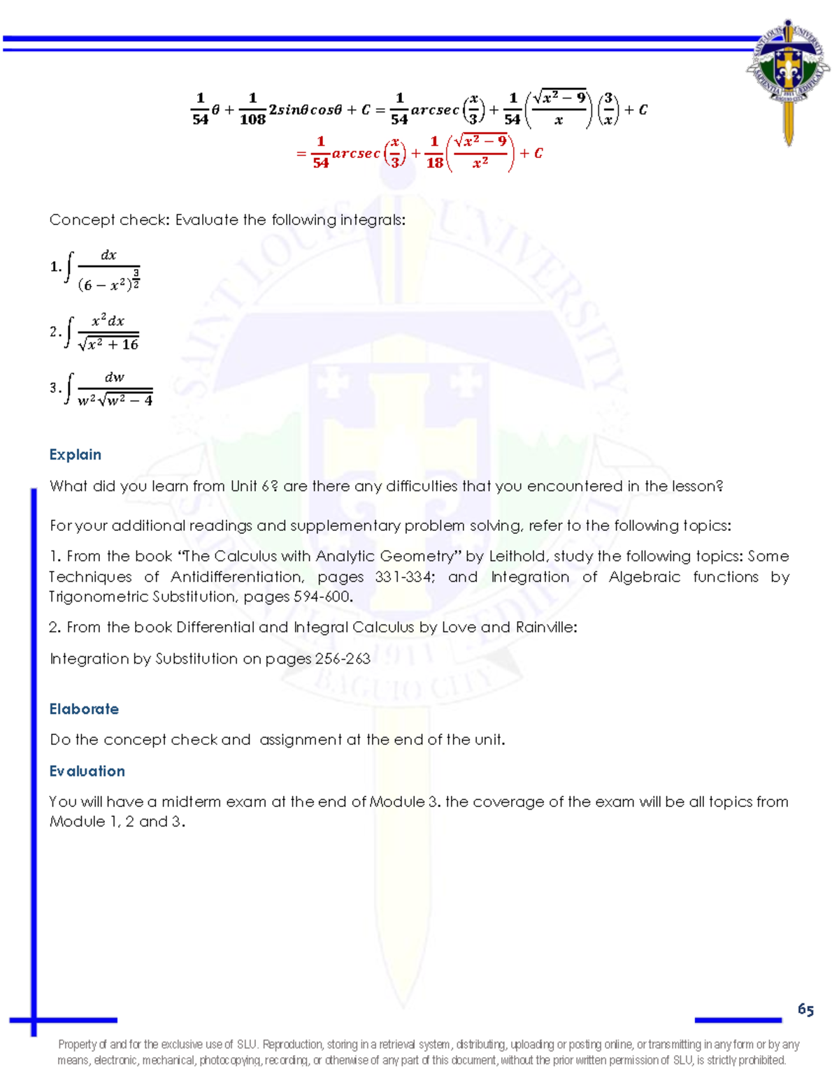 Module VI Other Applications of Integration - Property of and for the ...