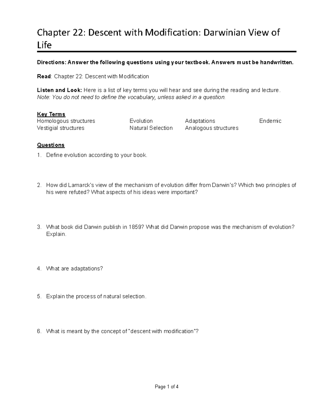 Ch.22 Evoluiton Darwin Reading Guide - Chapter 22: Descent with ...