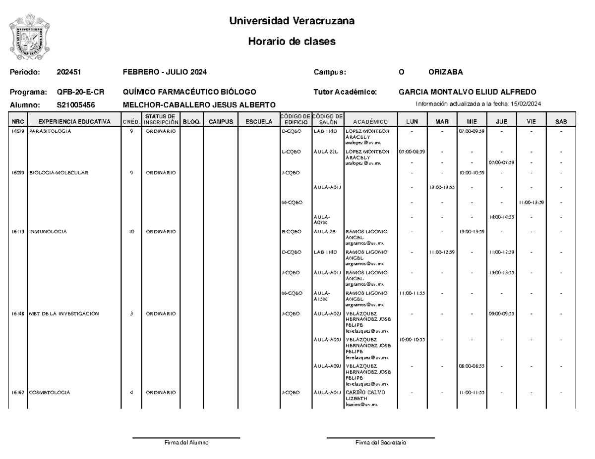 Hor Creditos 6to semestre - Periodo: 202451 FEBRERO - JULIO 2024 Campus ...
