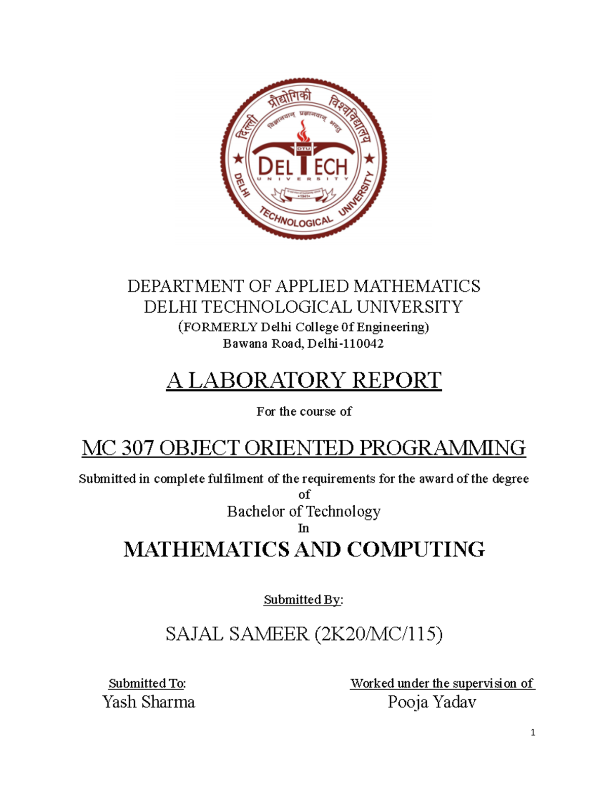 Sajal Lab File Oops Practical File Oops Department Of Applied Mathematics Delhi