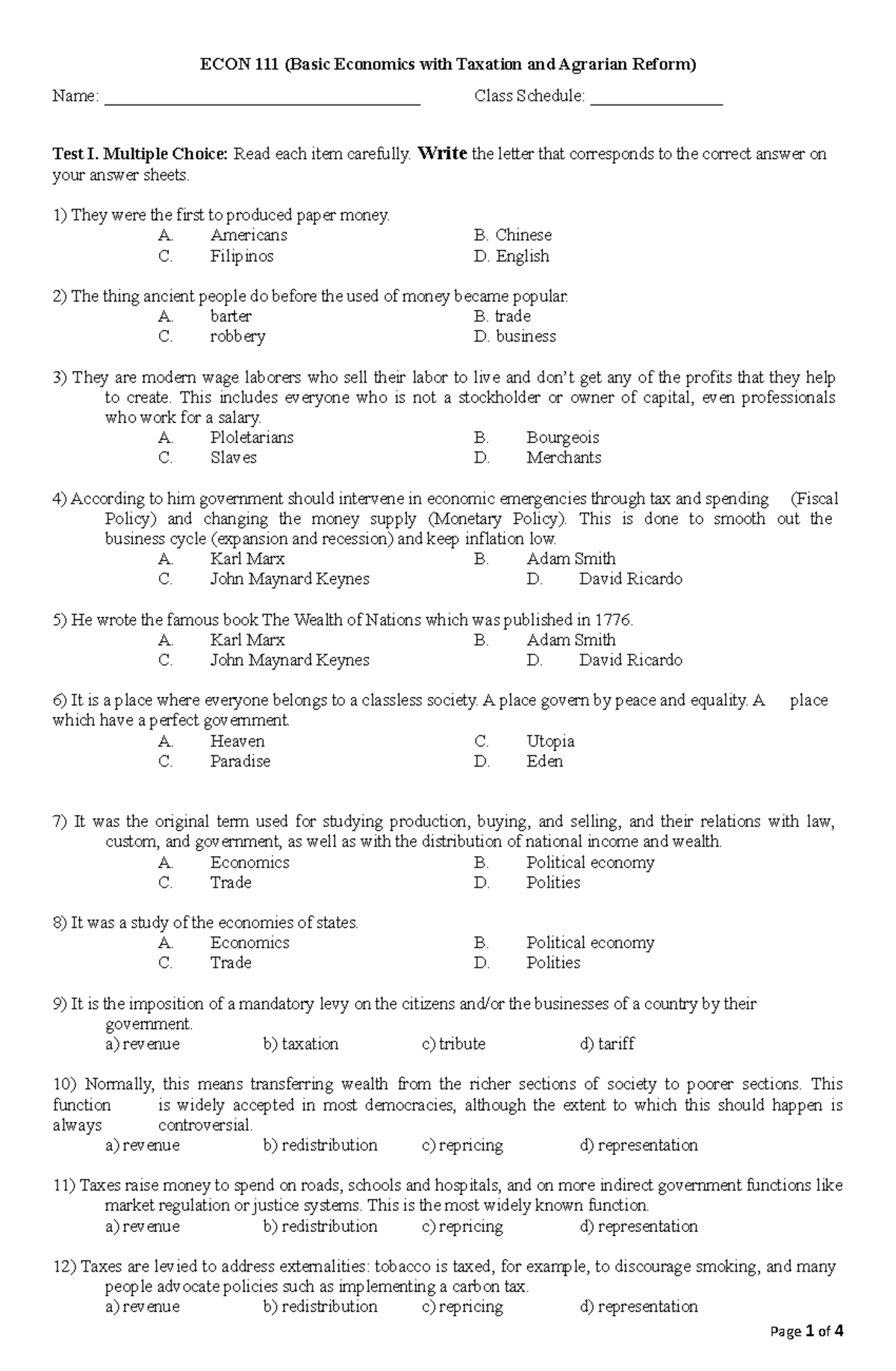 Final exam econ - A multiple choice exam about Economics. - ECON 111 ...