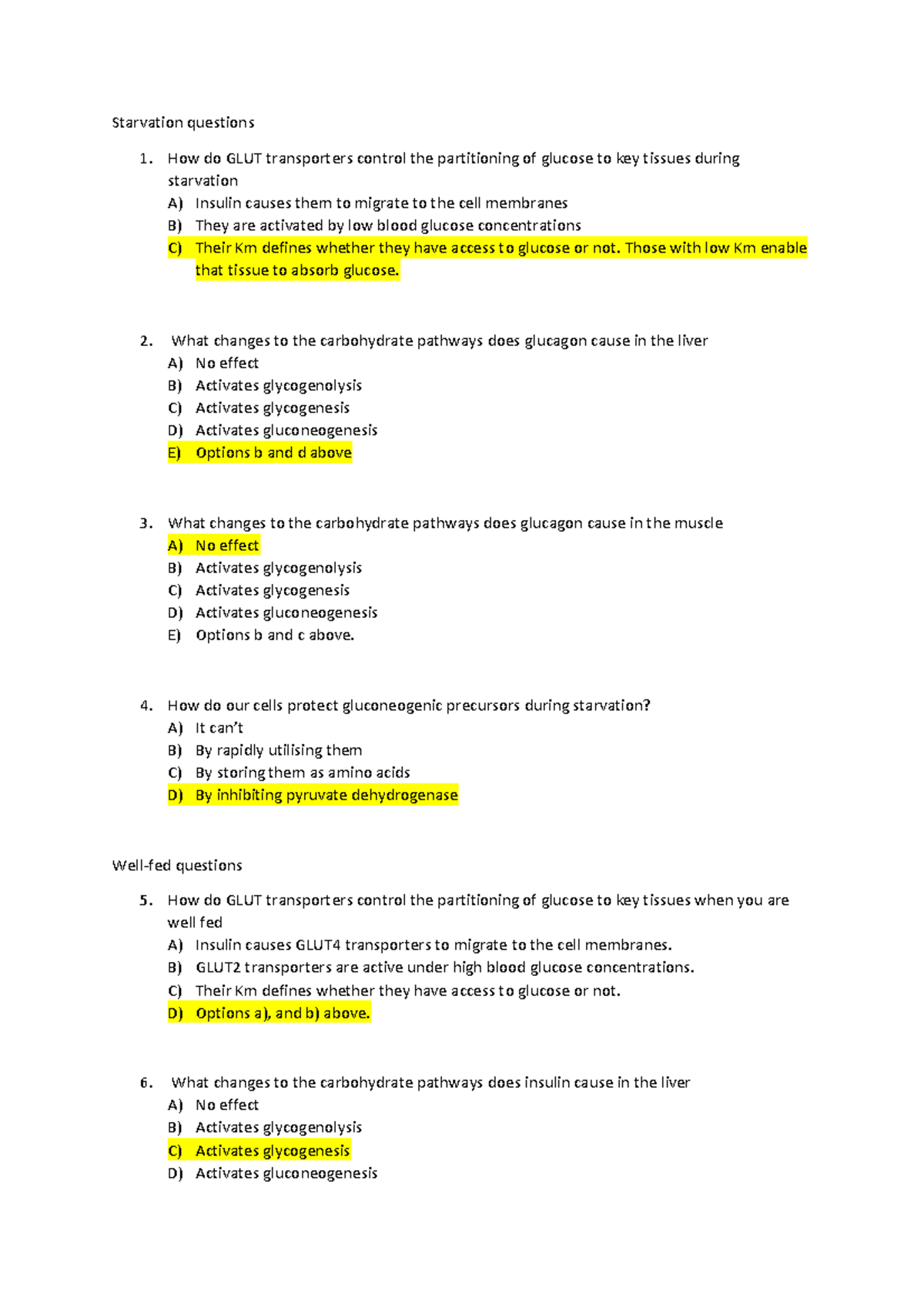 Practice carbohydrate multiple choice questions - Starvation questions ...