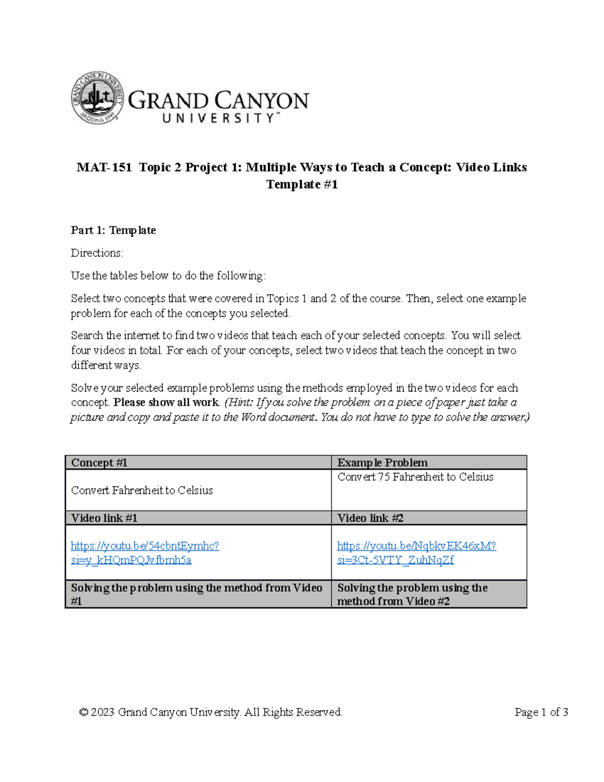 MAT-151-T2-Project 1-Multiple Ways to Teach a Concept Video Links ...