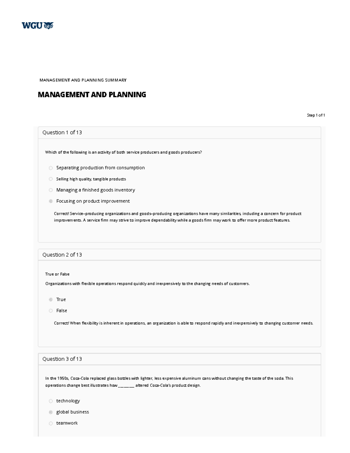 1 - WGU - MANAGEMENT AND PLANNING SUMMARY MANAGEMENT AND PLANNING Step ...