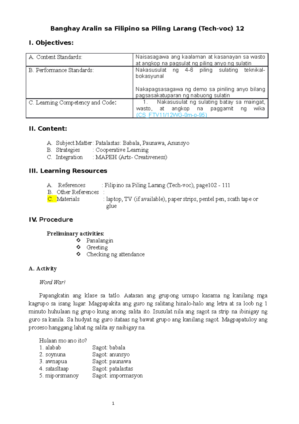 Filipino sa Piling Larang -Patalastas - Banghay Aralin sa Filipino sa ...
